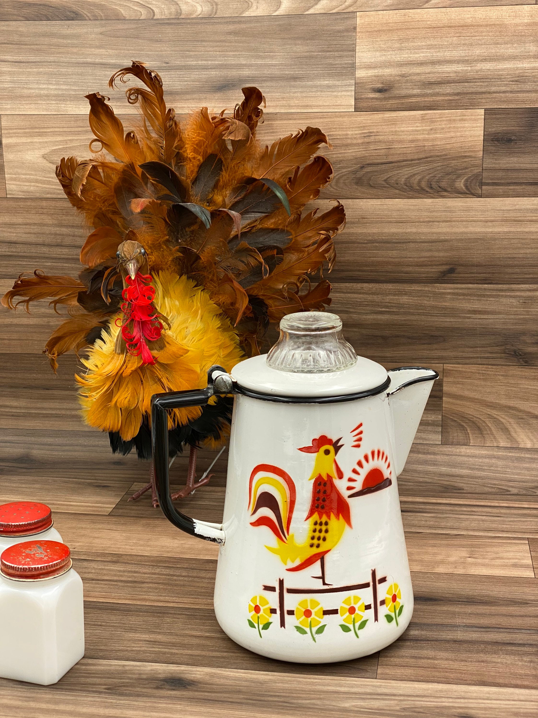 Vintage Enamelware Coffee pot, Rooster and sunflowers, rustic farmhouse ...