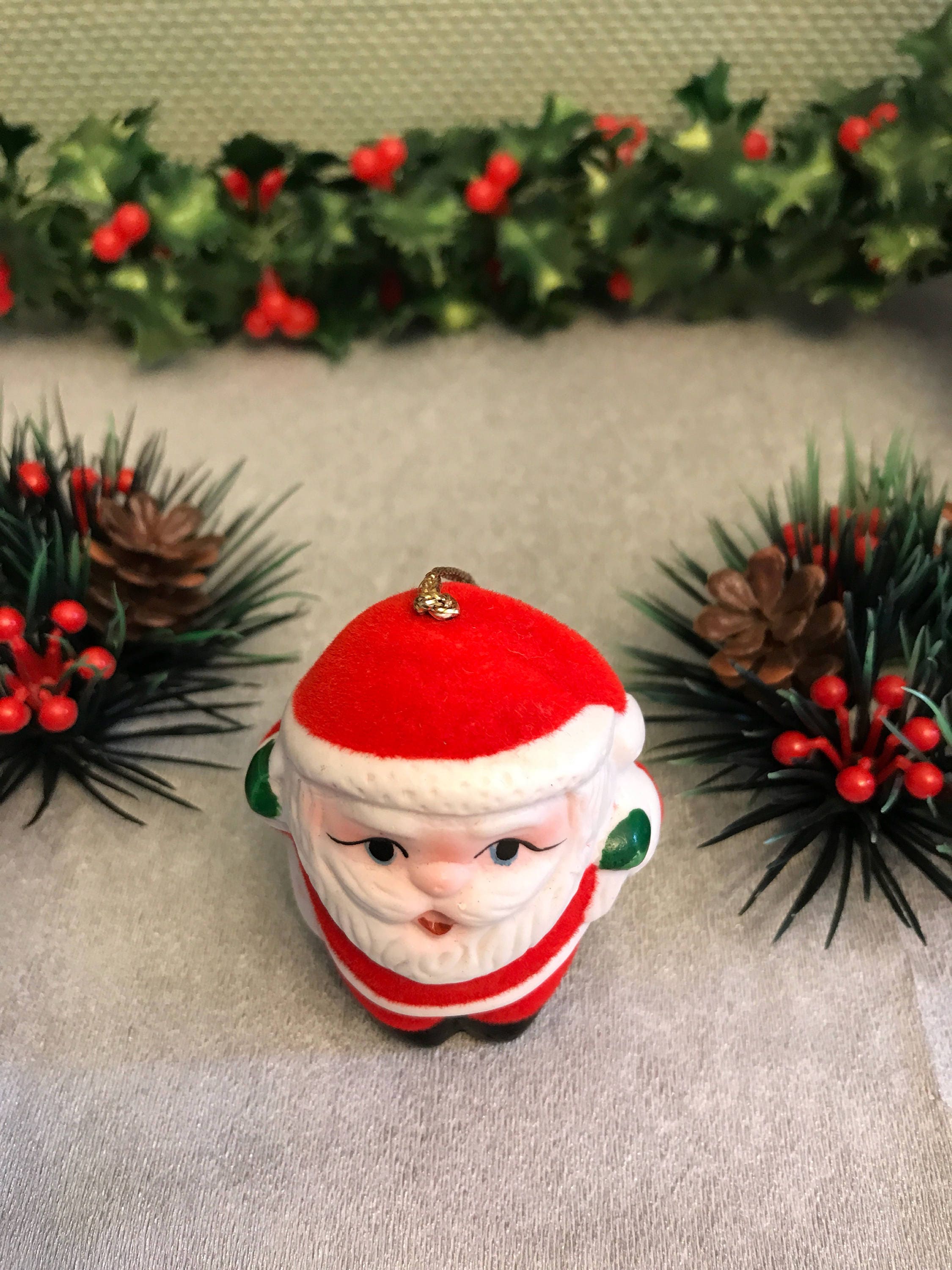 Vintage flocked Santa Bell Ornament, Porcelain bell Santa, Red flocked ...