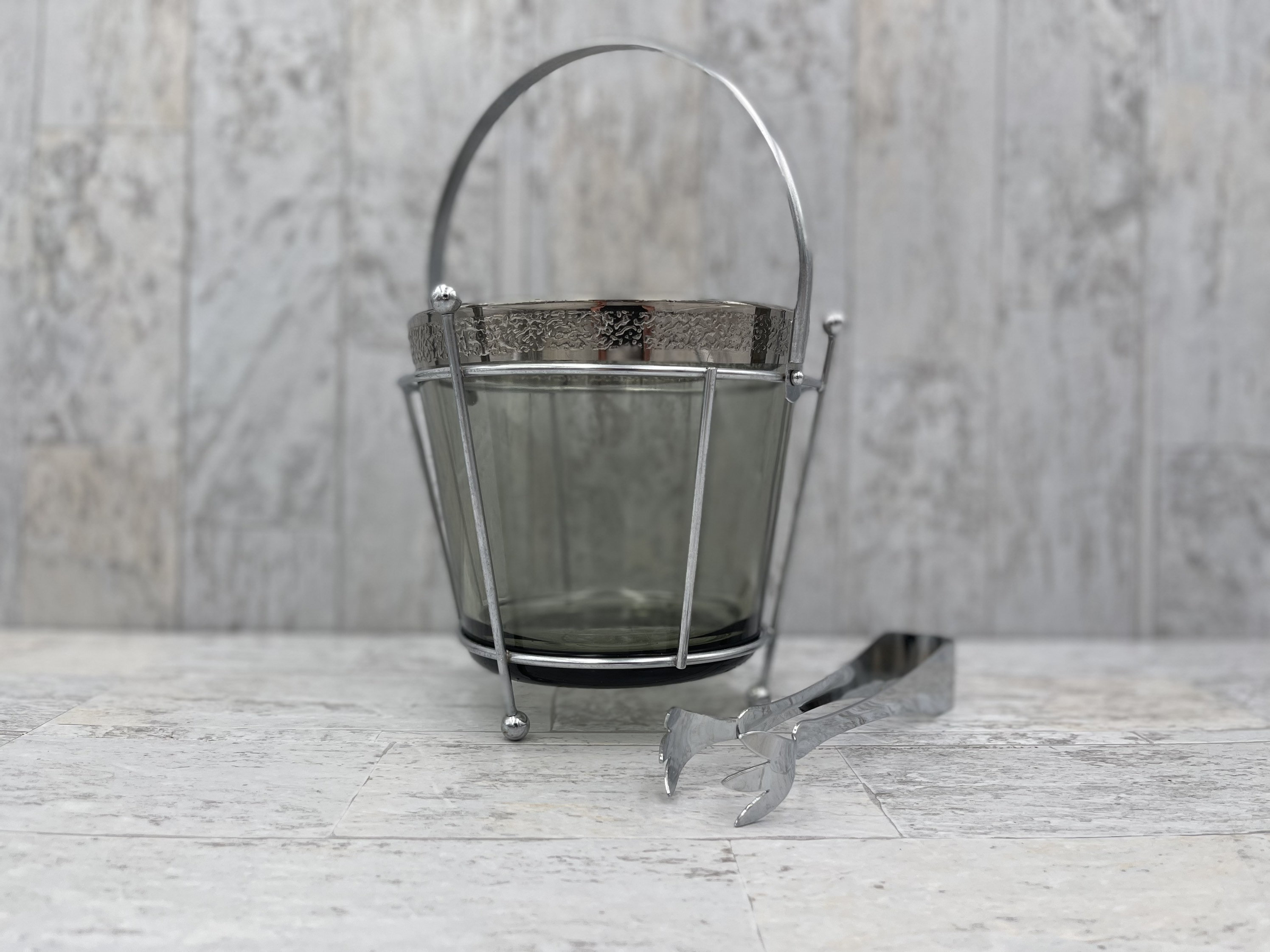 Vintage Silver Band Ice Bucket in caddy, MCM Smoke glass