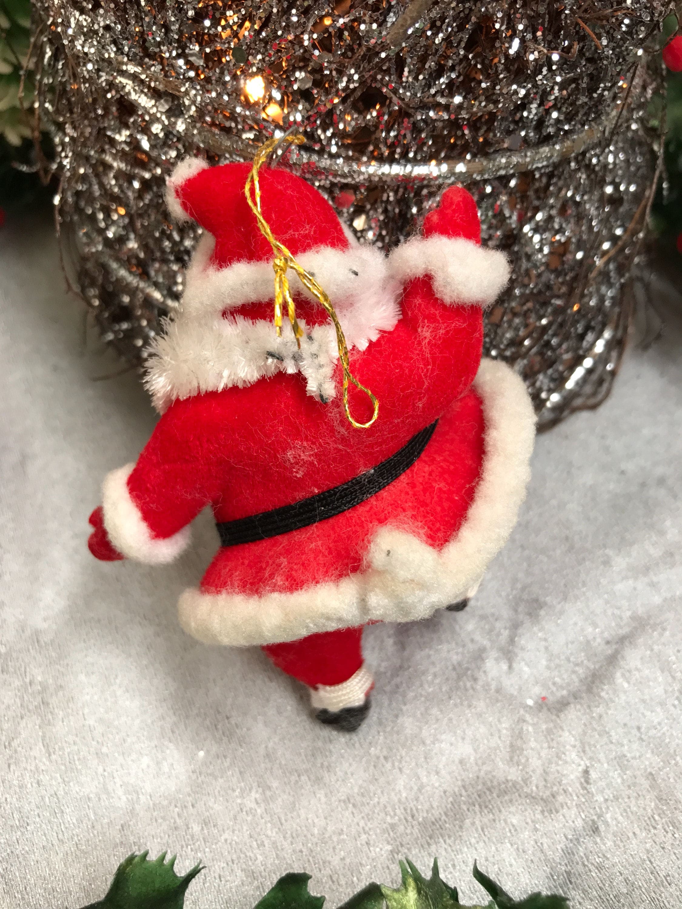 Vintage Dancing Santa ornament, red flocked Santa, mini Santa Figurine ...