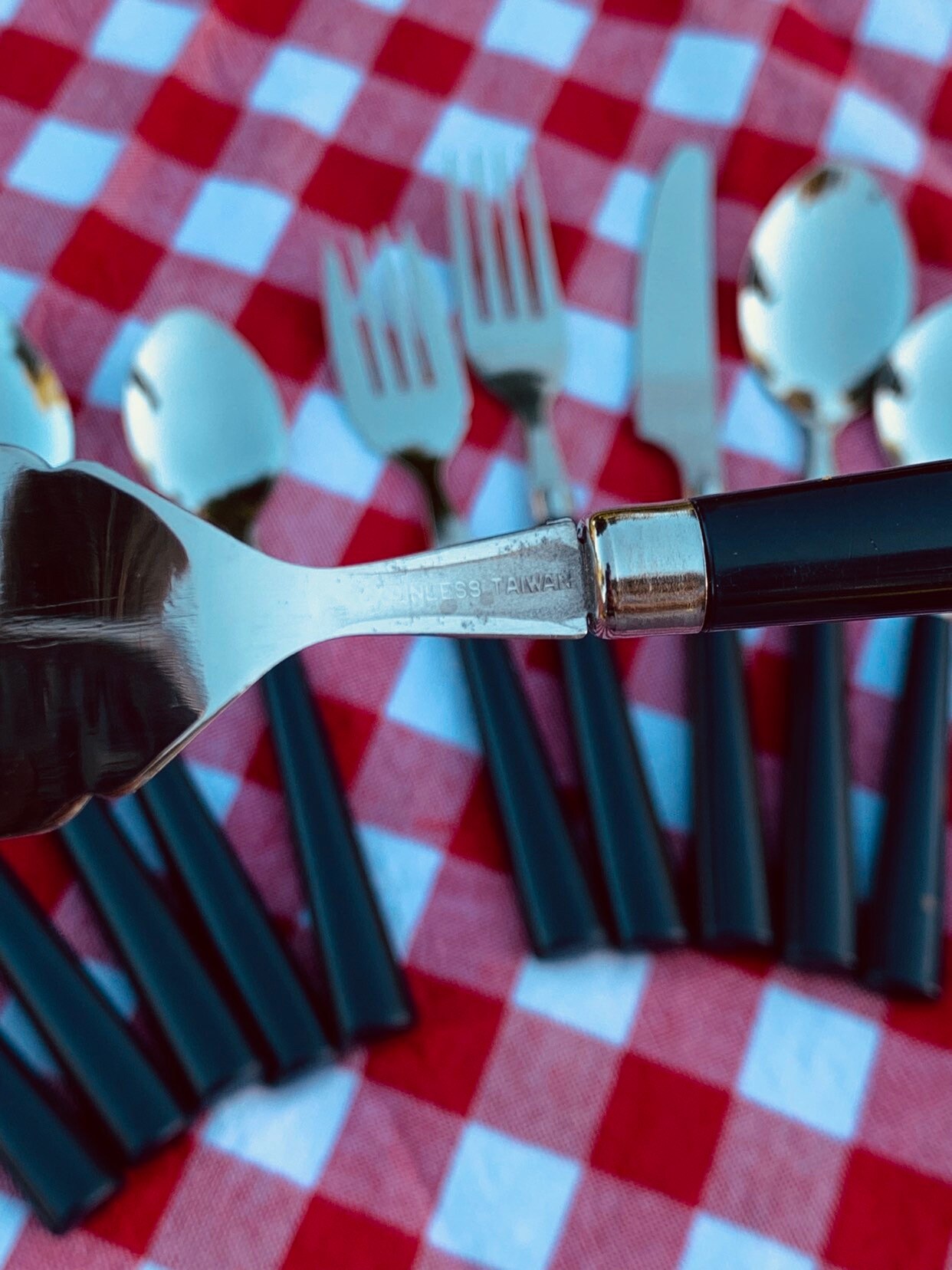 Vintage Flatware set Stainless Steel with Blue Plastic Handles Picnic ...