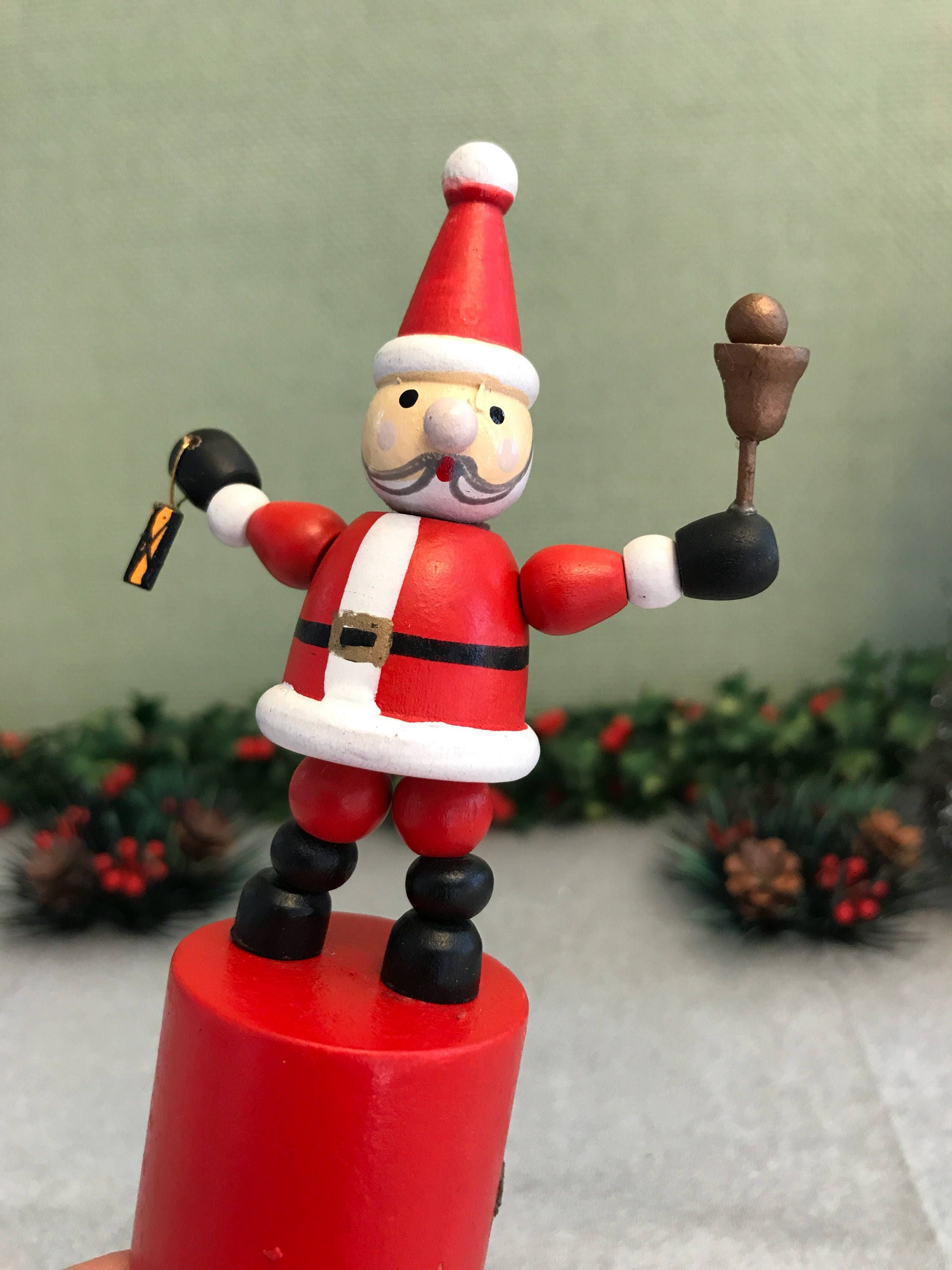 Vintage push puppet wooden Santa Claus, handpainted red Santa thumb ...