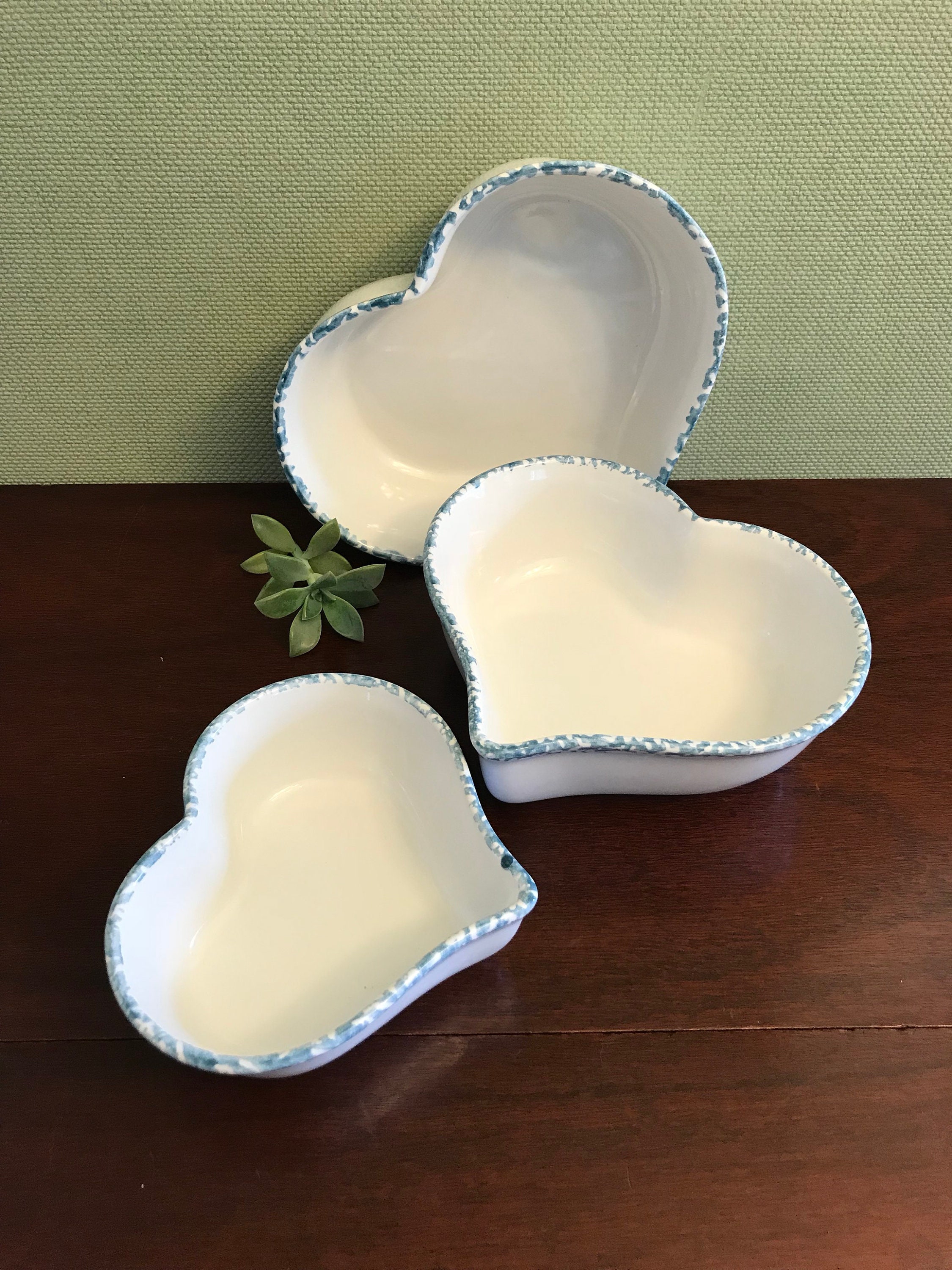 Heart shaped ceramic bowls, blue spongeware bowl set, nesting bowls ...