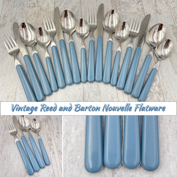 Vintage Flatware Set Light Blue Plastic Handles Service for - Etsy