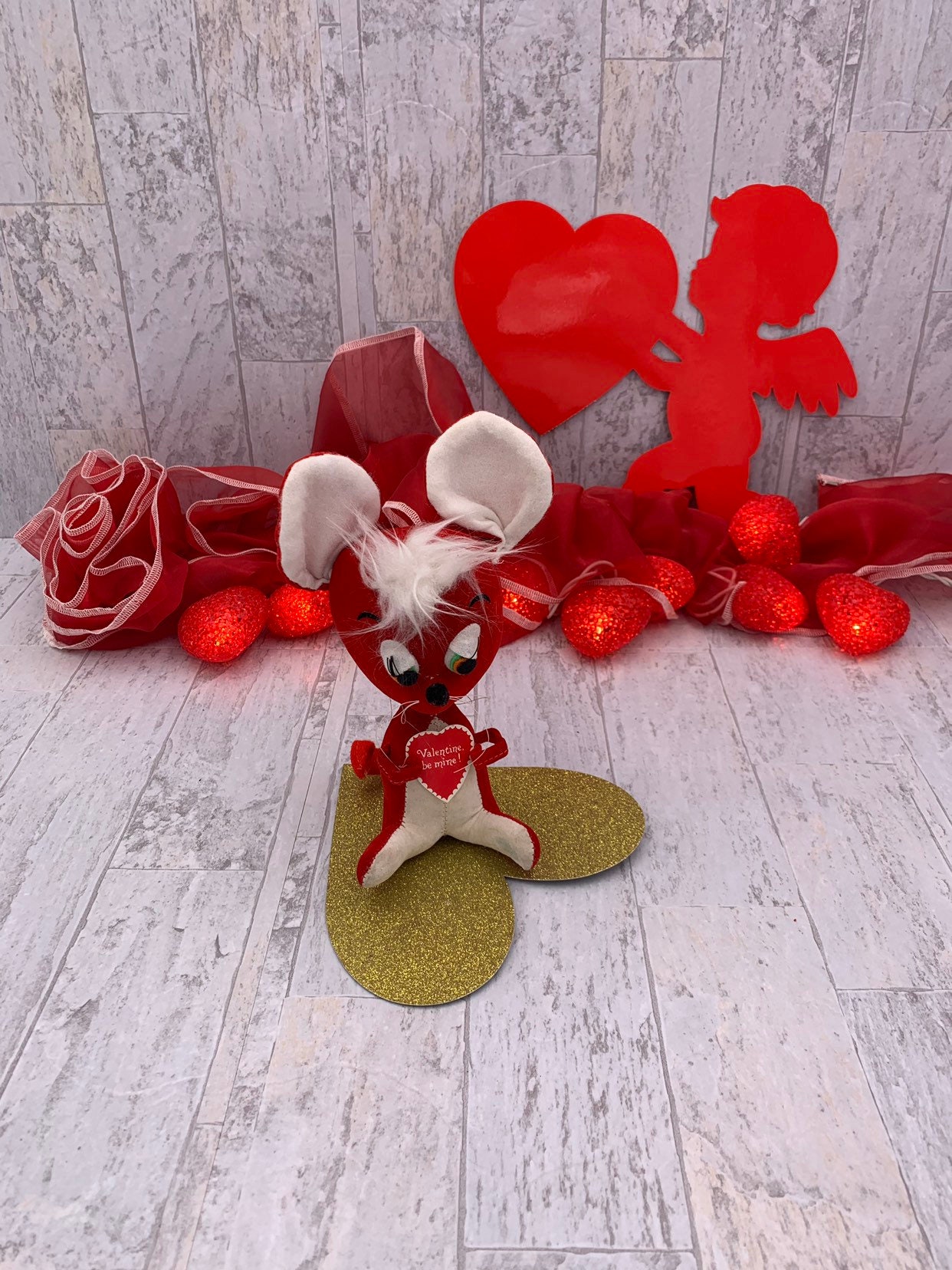 Vintage Red Velvet Valentine Mouse, Stuffed Be My Valentine Big eared ...