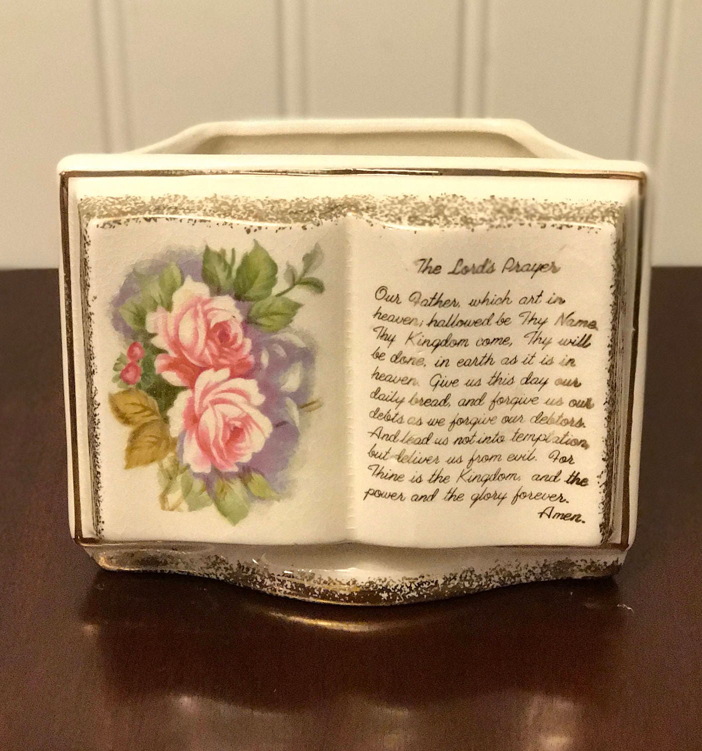 Vintage Lords Prayer Vase, pink roses, Pocket Vase, luster glazed ...