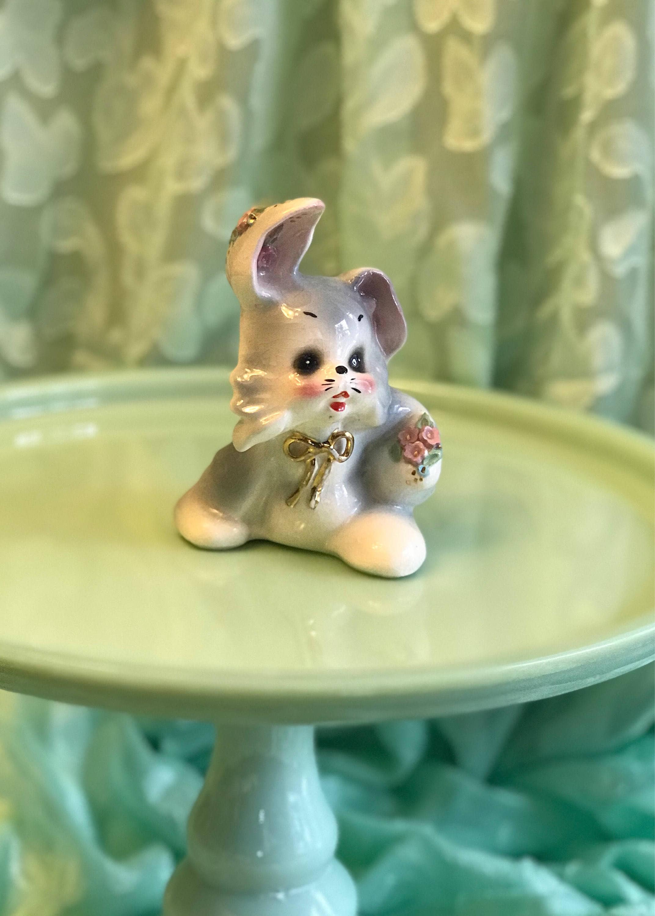 Porcelain Bunny Figurine, Figural gray and white Bunny with flowers ...