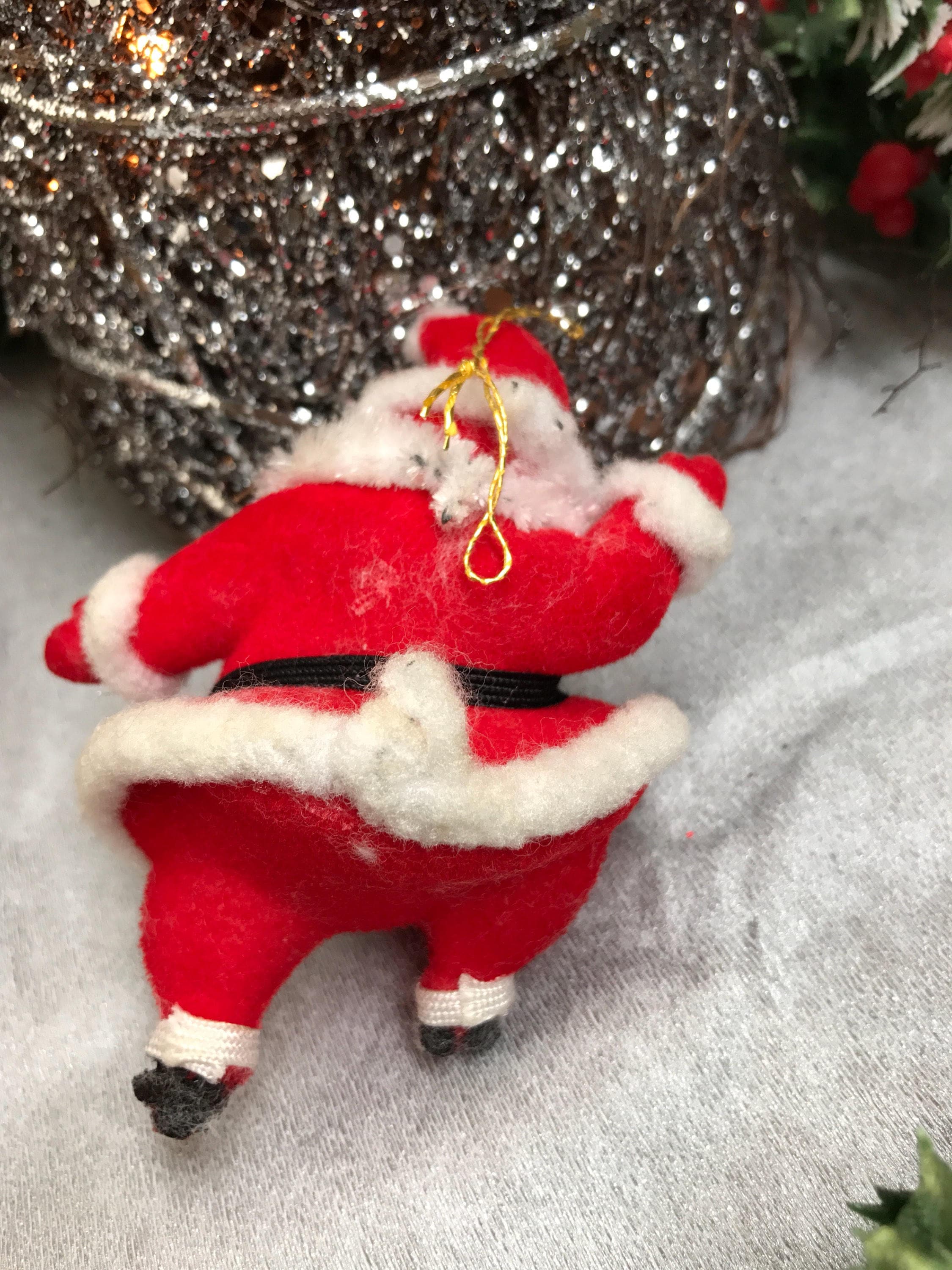 Vintage Dancing Santa ornament, red flocked Santa, mini Santa Figurine ...