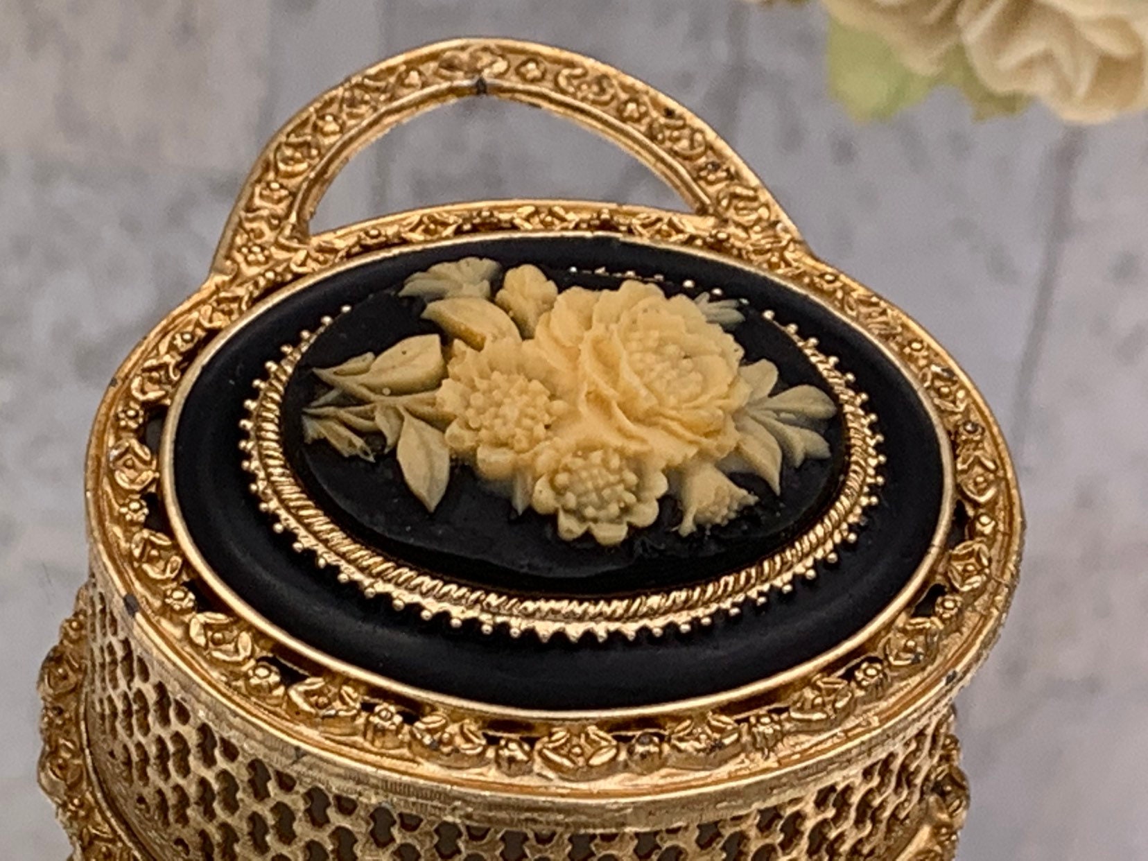 Florenza Gold Trinket box, Floral Purse shaped Mirror Lid, Gold Ring ...