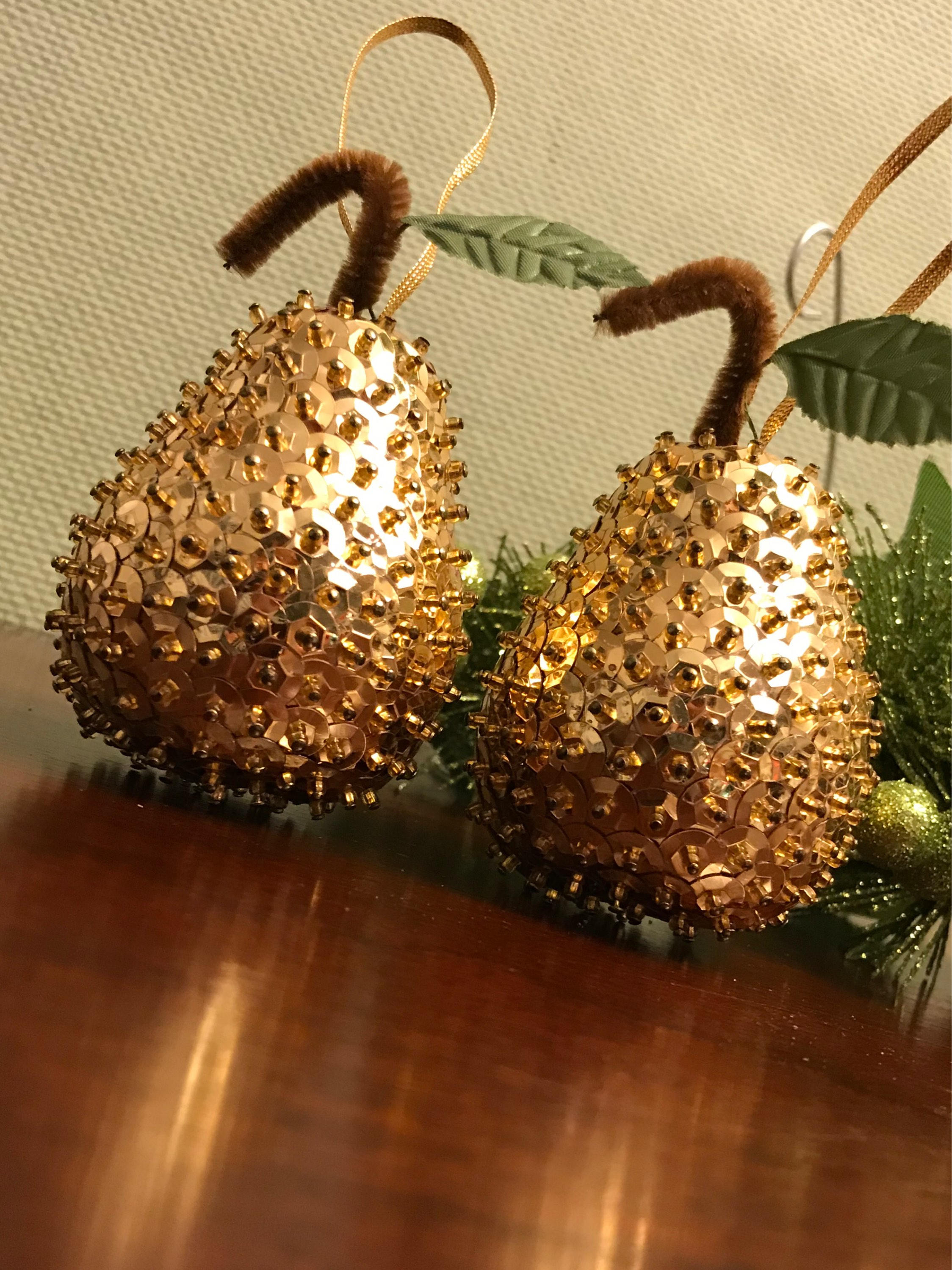 Vintage Gold Pears, Beaded Sequined Christmas Ornaments, golden Baubles ...