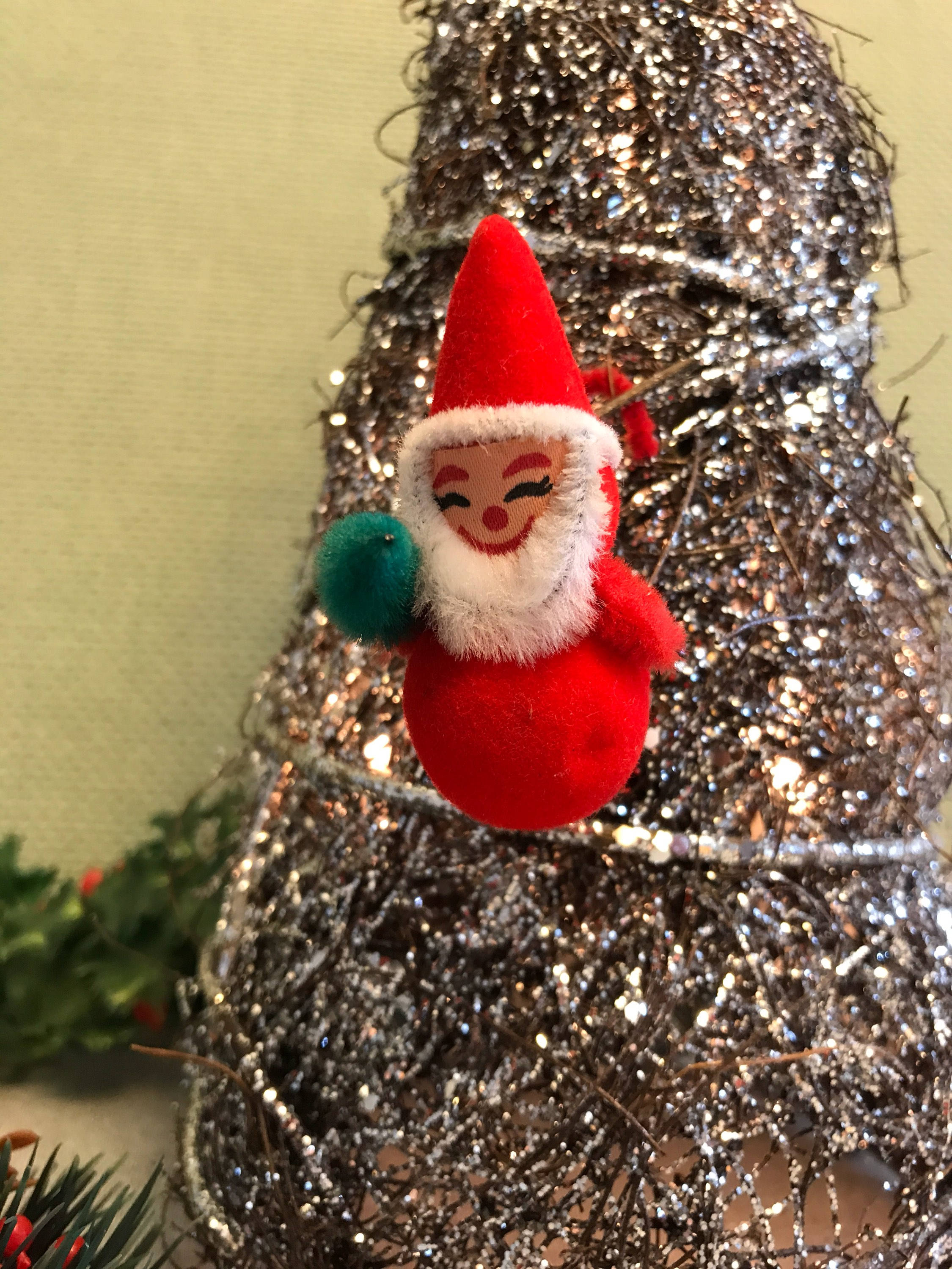 Vintage flocked Santa ornament, red flocked Santa holding Bottle brush ...