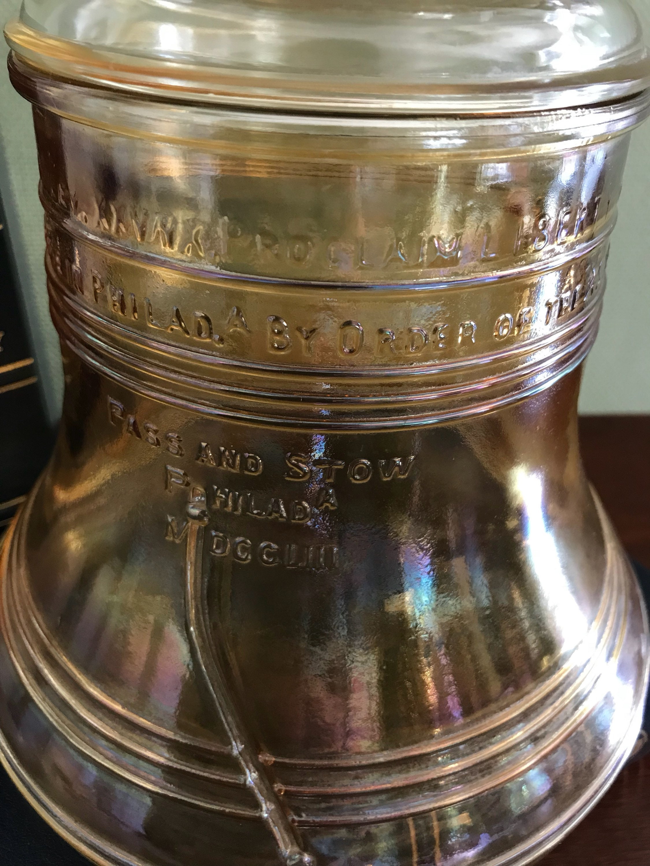 Vintage Liberty Bell Cookie Jar, iridescent glass storage jar ...