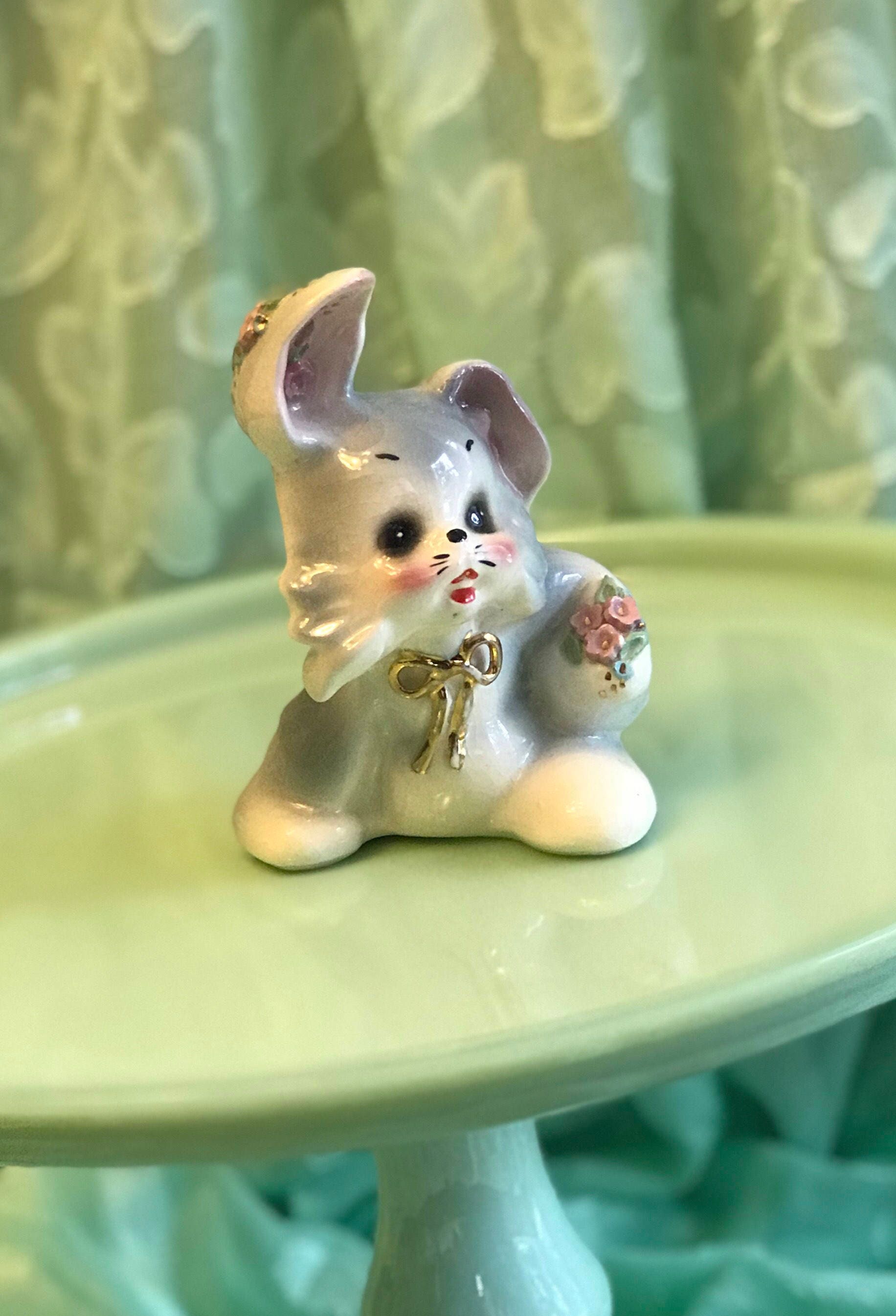 Porcelain Bunny Figurine, Figural gray and white Bunny with flowers ...