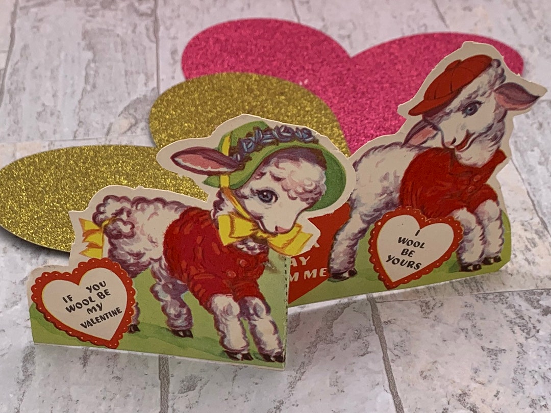Vintage Flocked Valentines Day Cards, Folding Little Lambs Die Cut Card ...