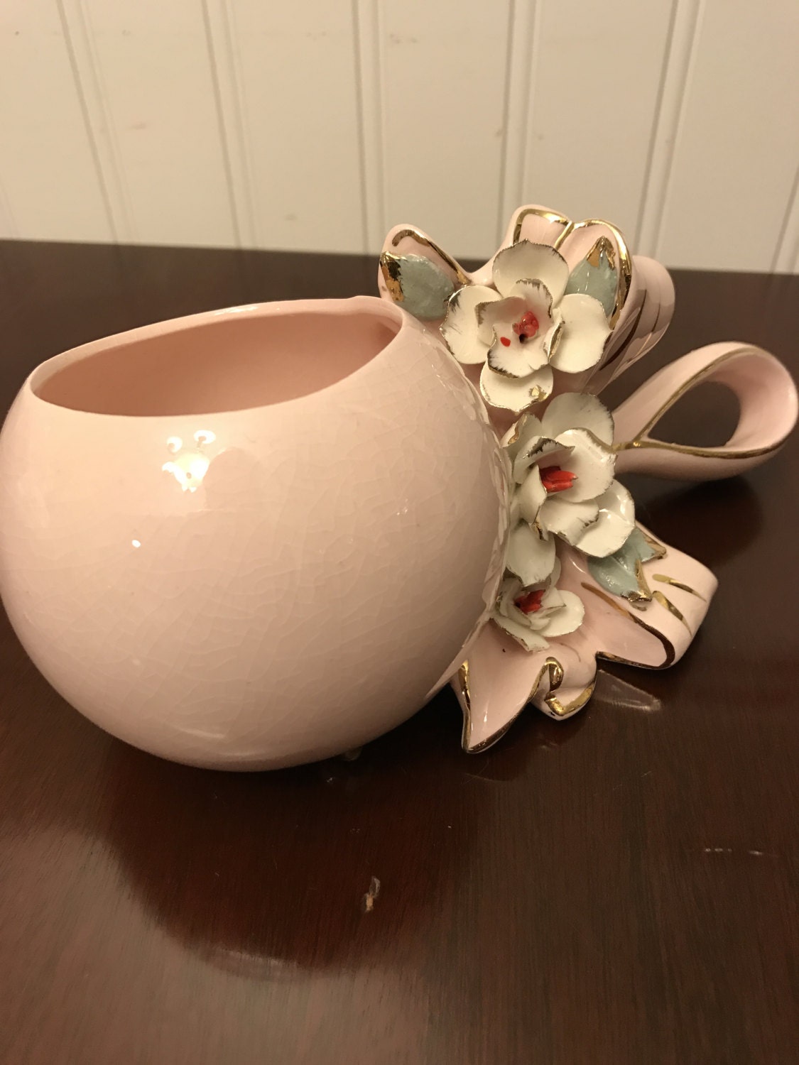 Vintage Pink Bow Baby rattle planter, flowers on pink ceramic, baby ...