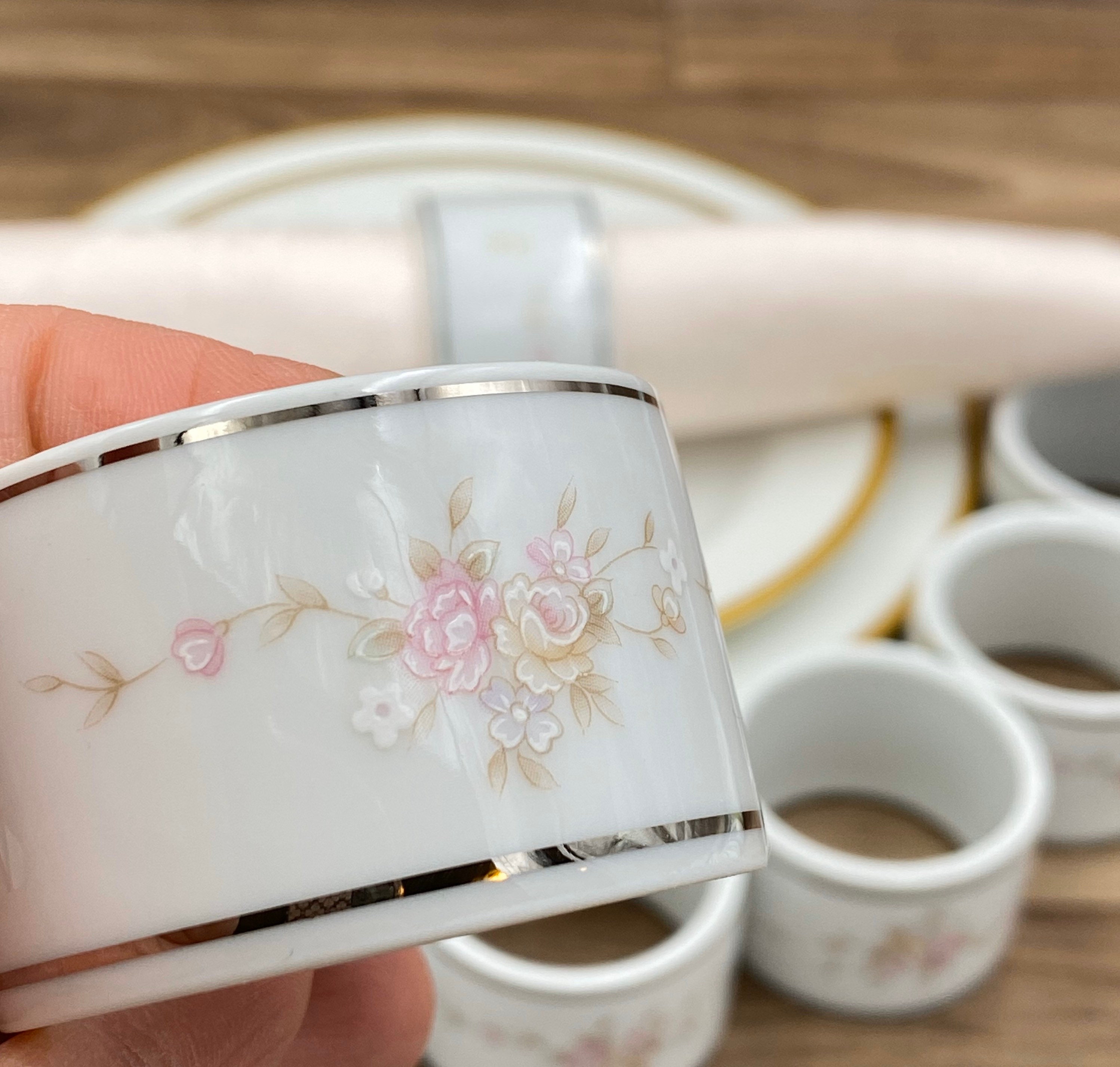 Porcelain Napkin Rings with pink flowers, Set of 8, Vintage Tableware ...