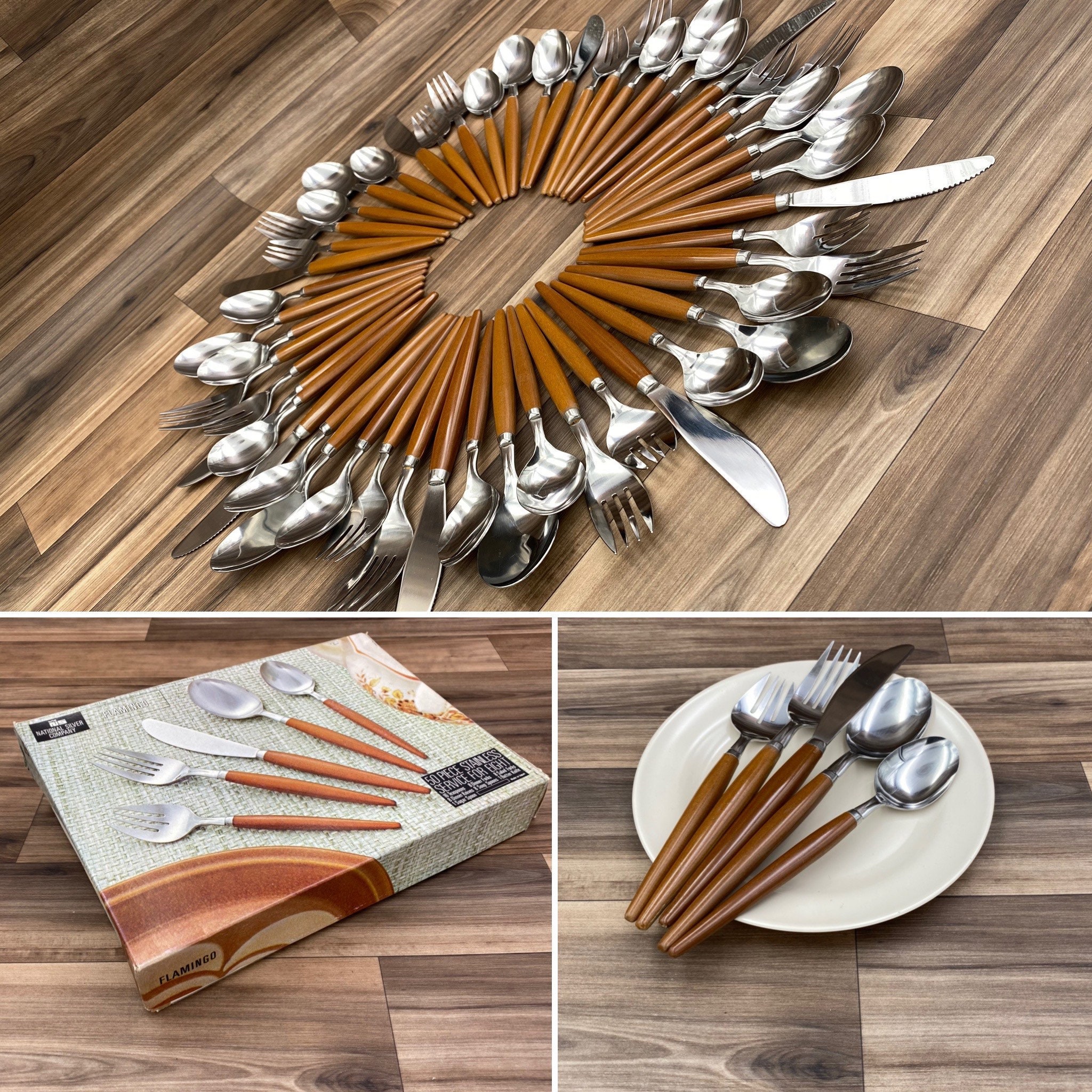 Vintage flatware Set, Flamingo Pattern Service for 8, Rustic Cabin ...
