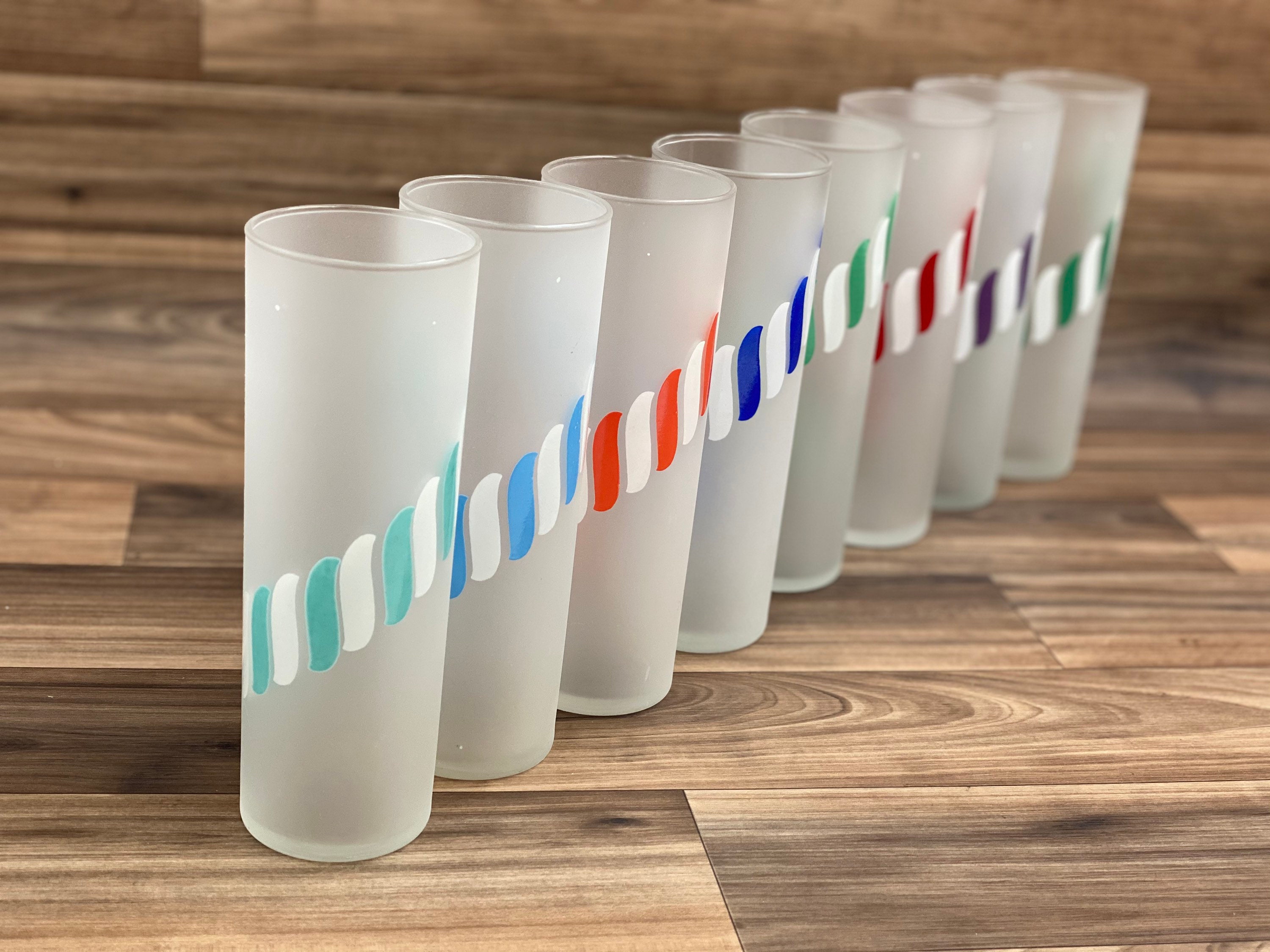 Vintage Libbey Candy Stripe Glasses Set Of 8 White Frosted Iced Drink Glasses Mid Century