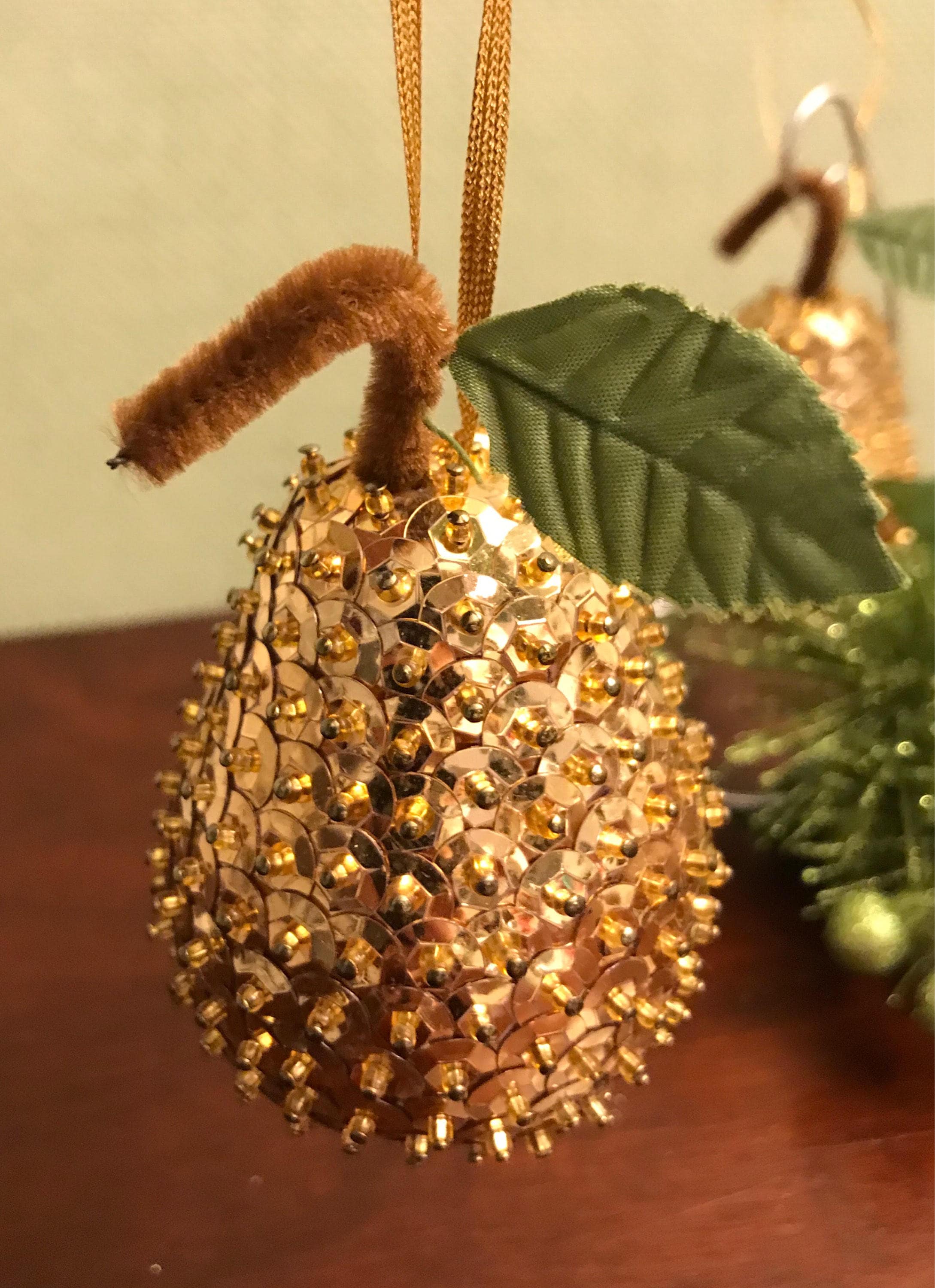 Vintage Gold Pears, Beaded Sequined Christmas Ornaments, golden Baubles ...