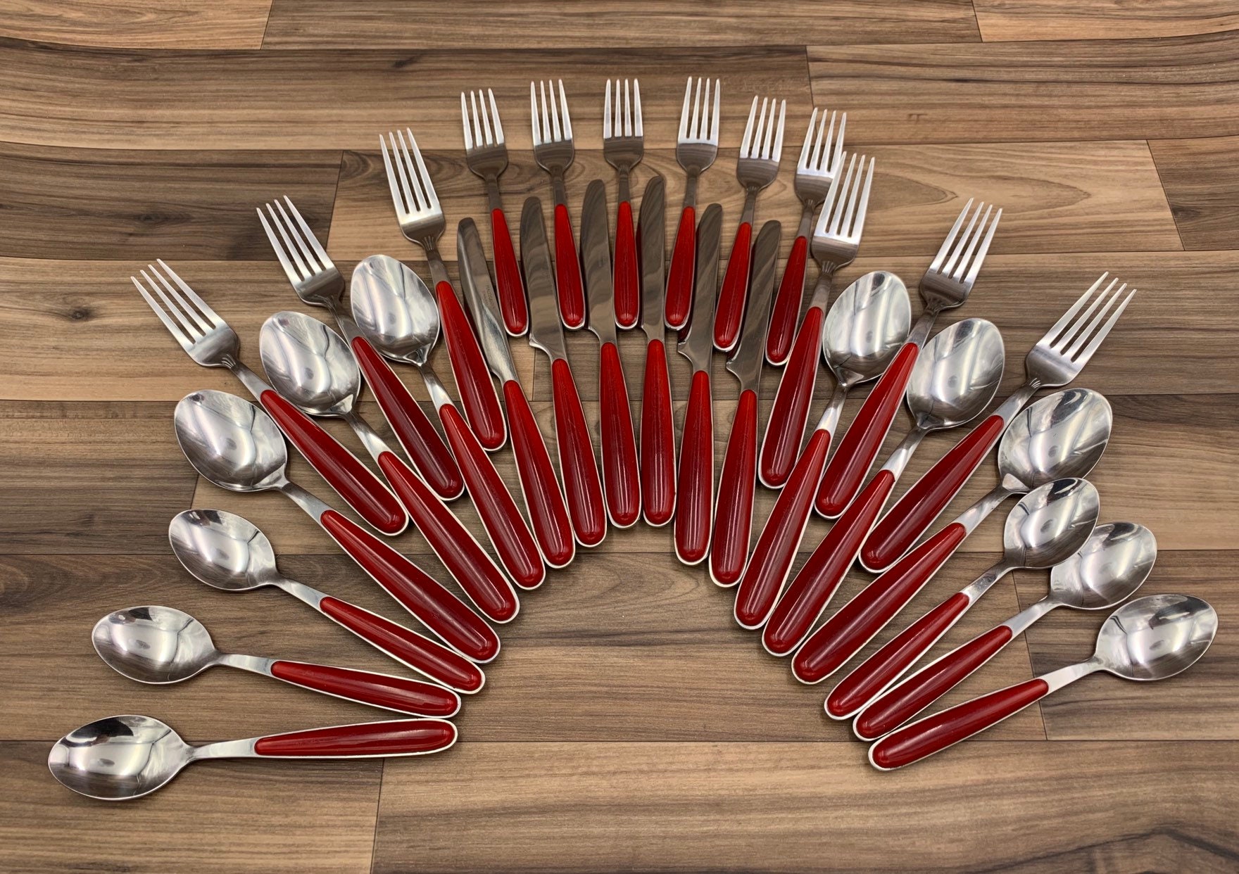 Vintage Flatware set Stainless Steel and Dark Red Plastic Handles ...