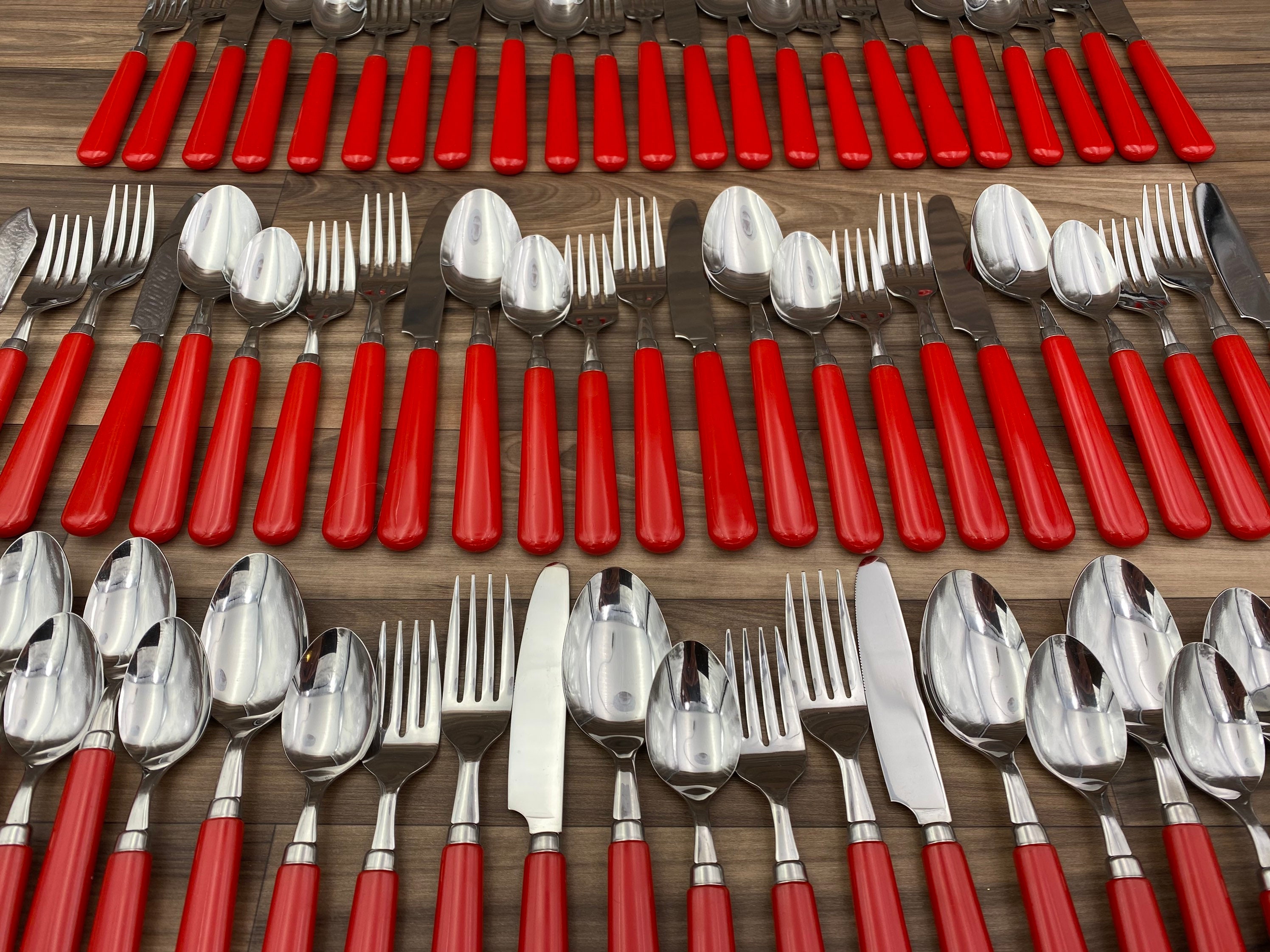 Vintage Flatware Set, Service for 12, Stainless Steel Red Handles ...