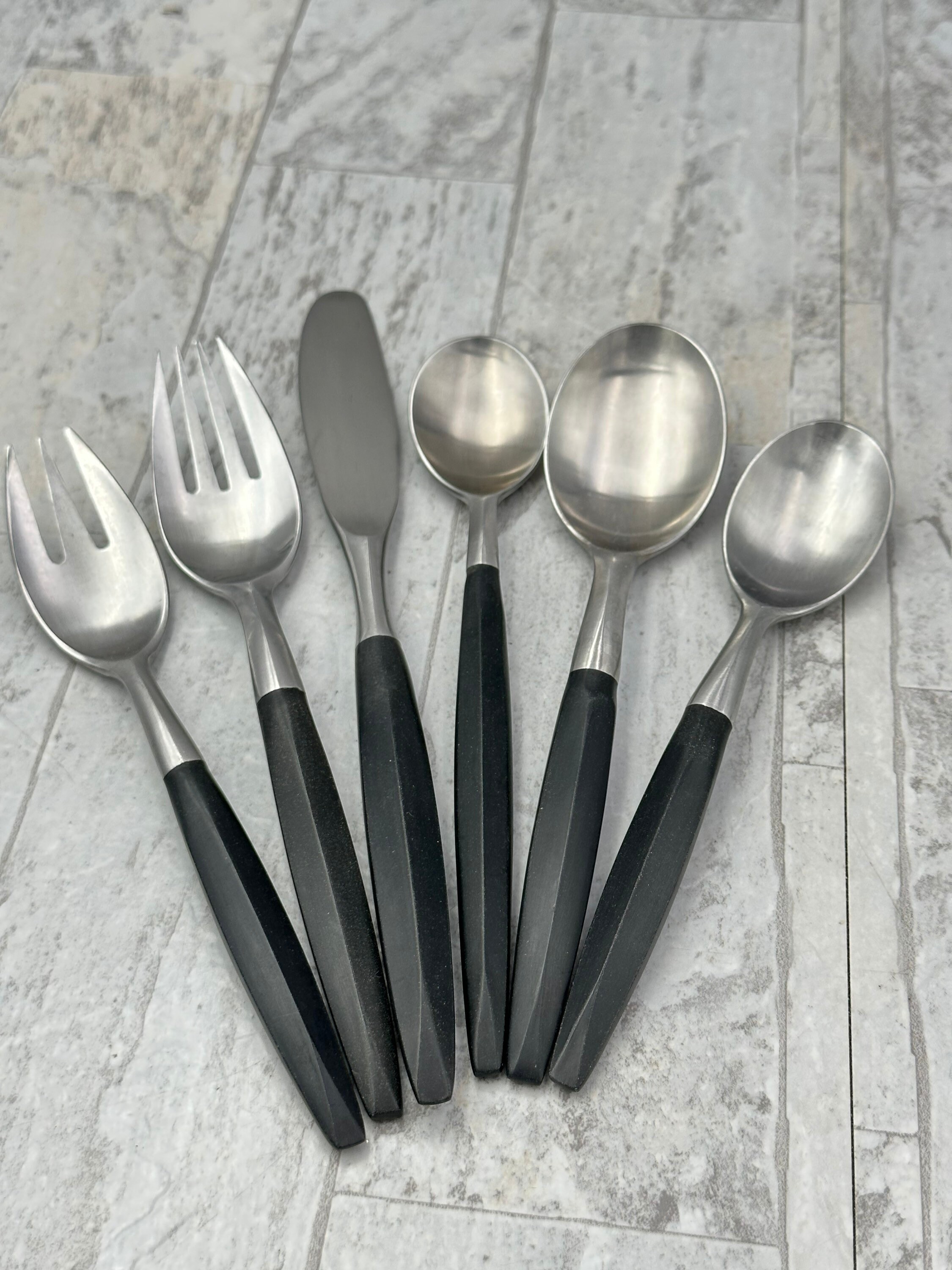 RARE Vintage Flatware set, forged stainless with Black handle, service ...