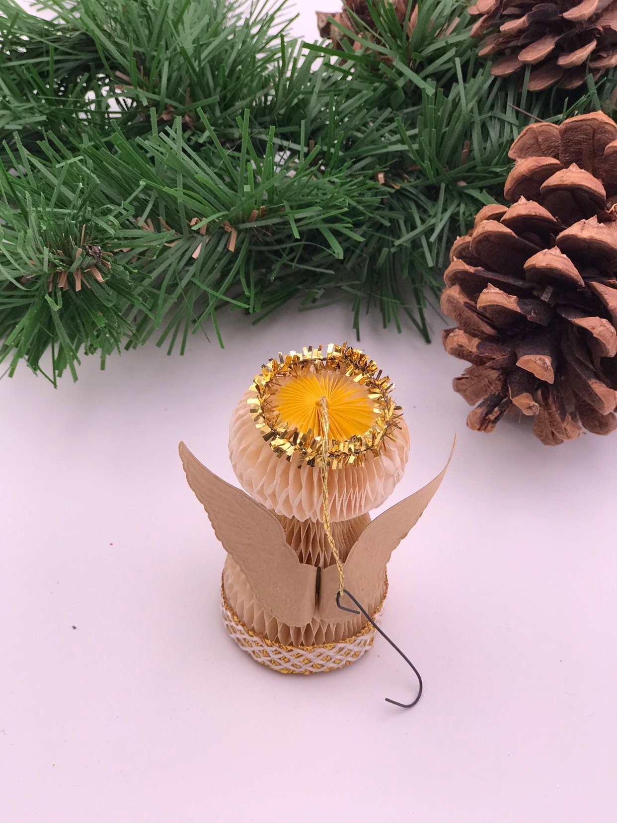 Vintage Honeycomb Angel ornament, 1960s tissue paper chenille and gold ...