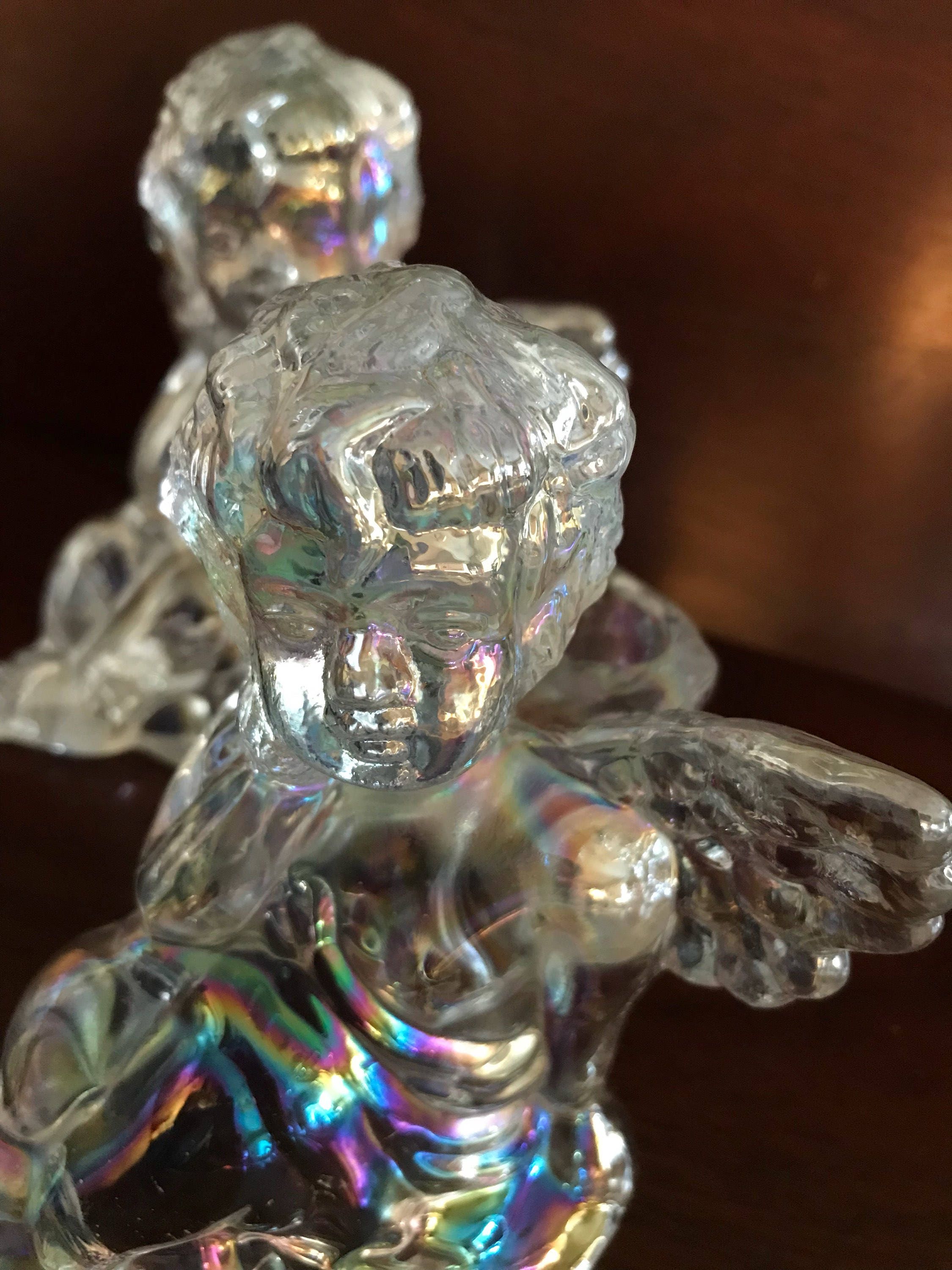 Vintage Cherub Candlestick Holders, Iridescent Glass Angel, Figural ...