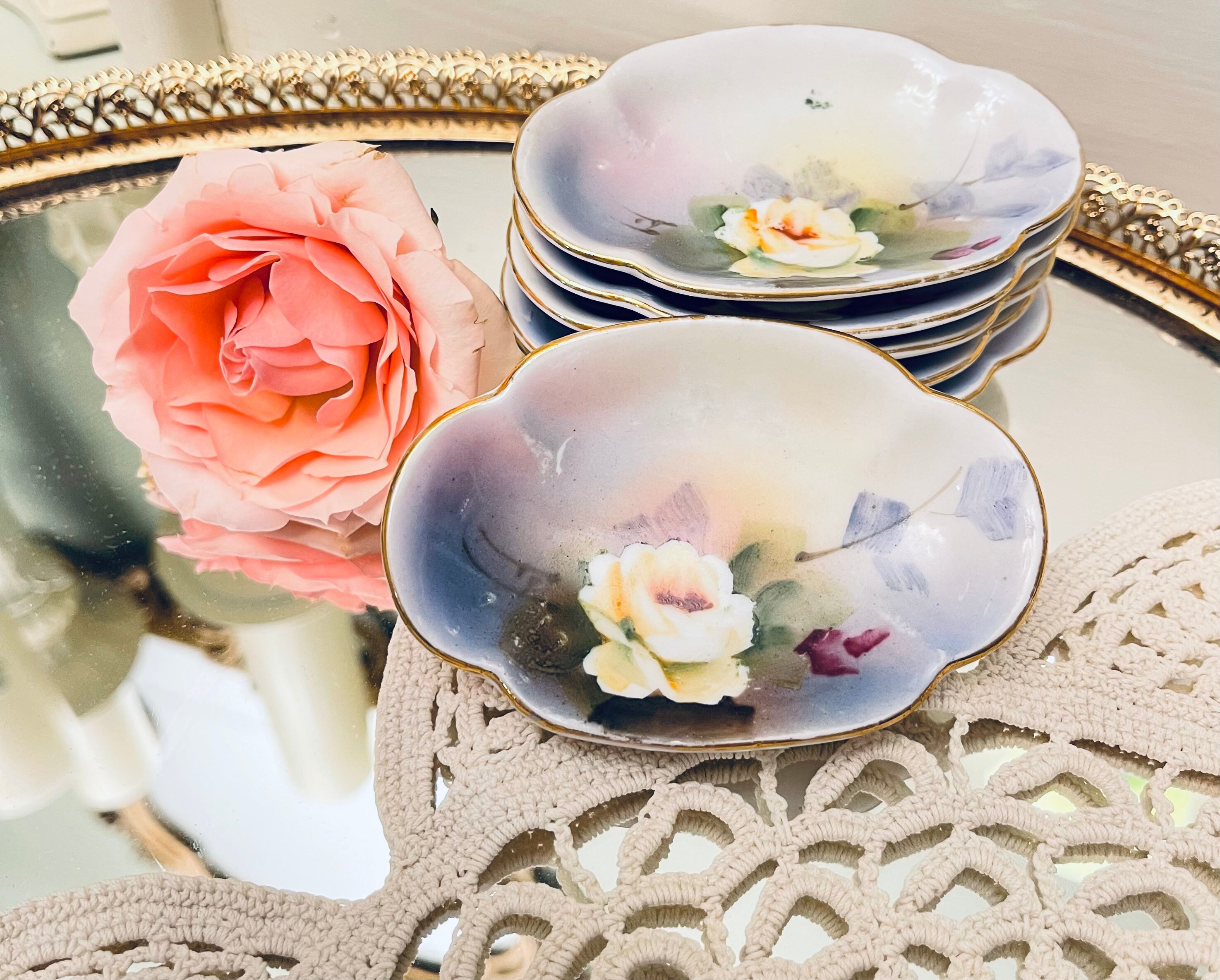 Handpainted Butter Pats, Butter chips salt dips, Roses on porcelain and ...