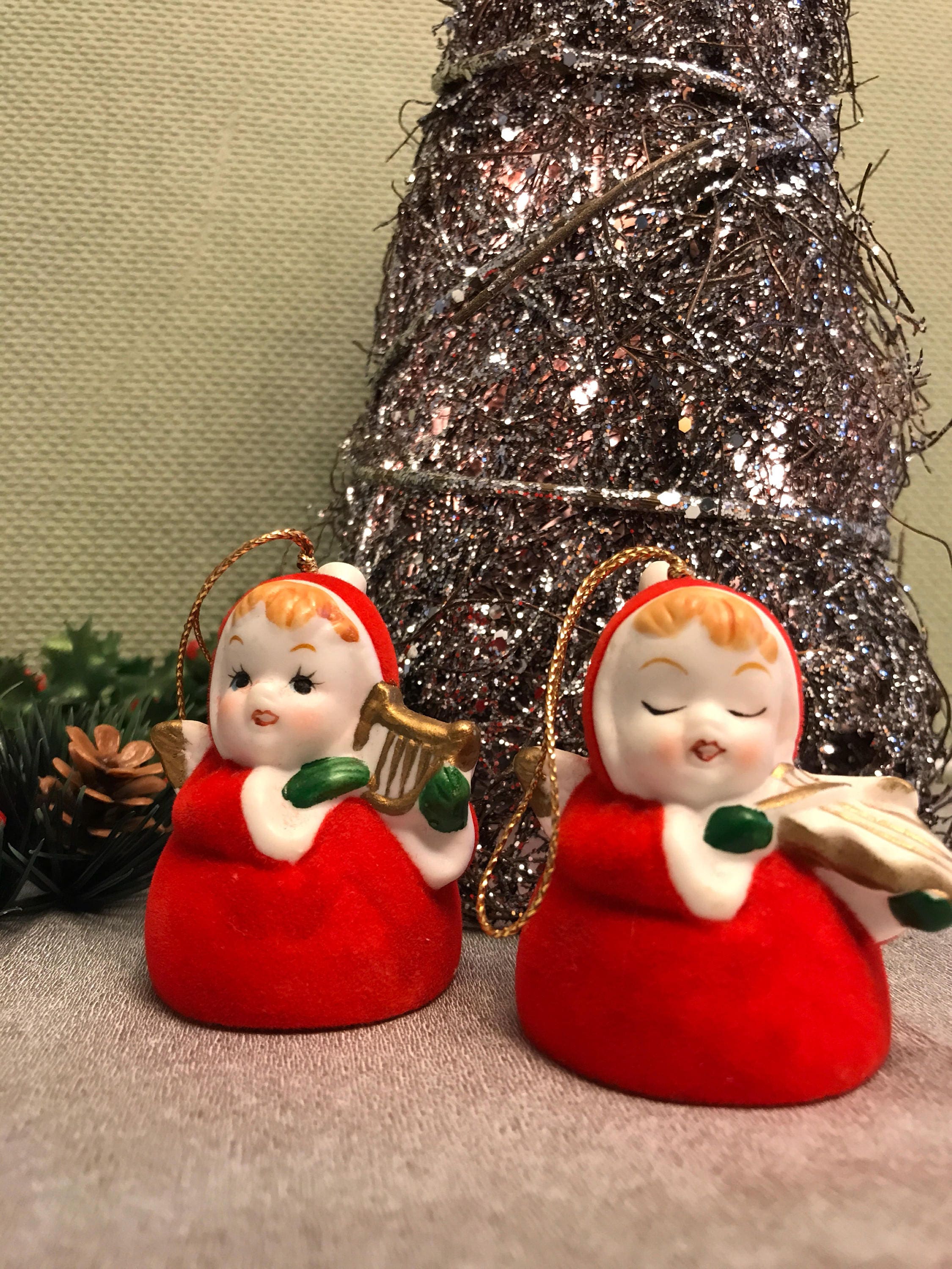 Vintage flocked Angel Bell Ornaments, Porcelain bell Angels, Red ...