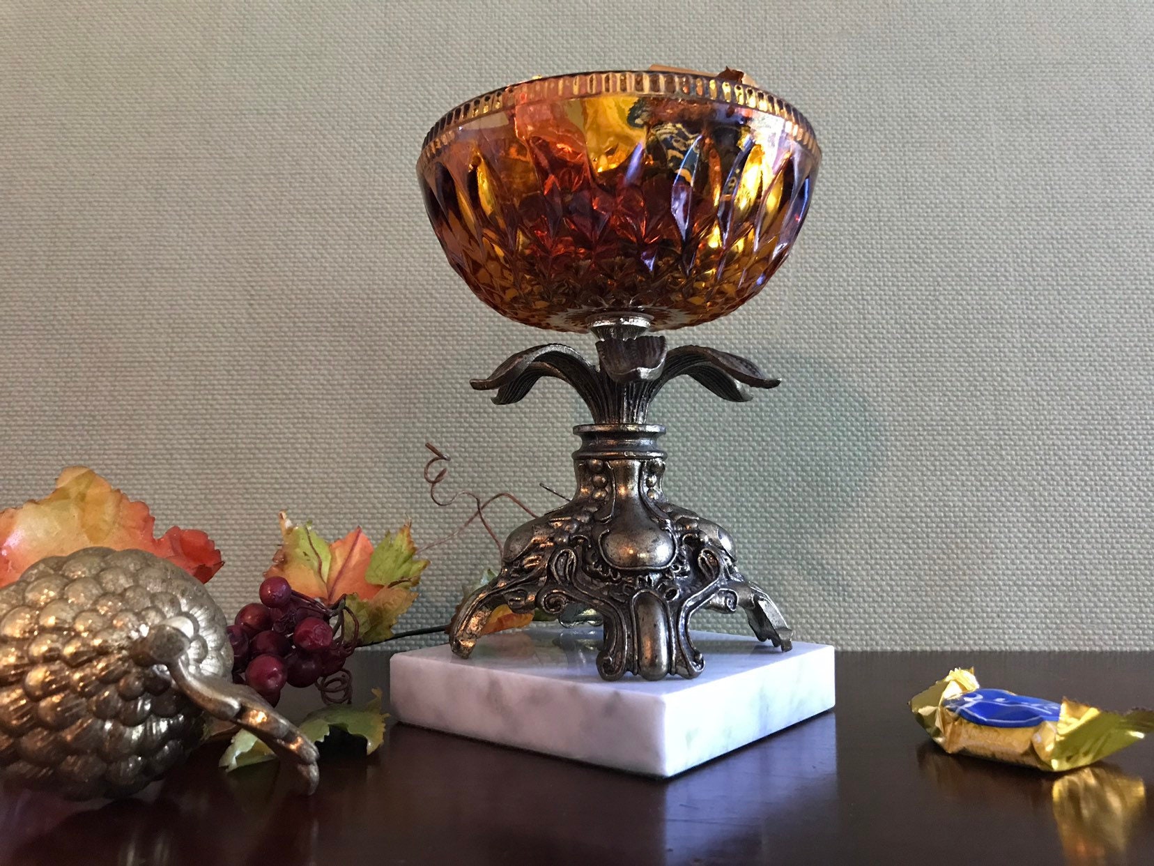 Hollywood Regency Candy Dish, Pressed Amber glass Candy dish on Marble ...