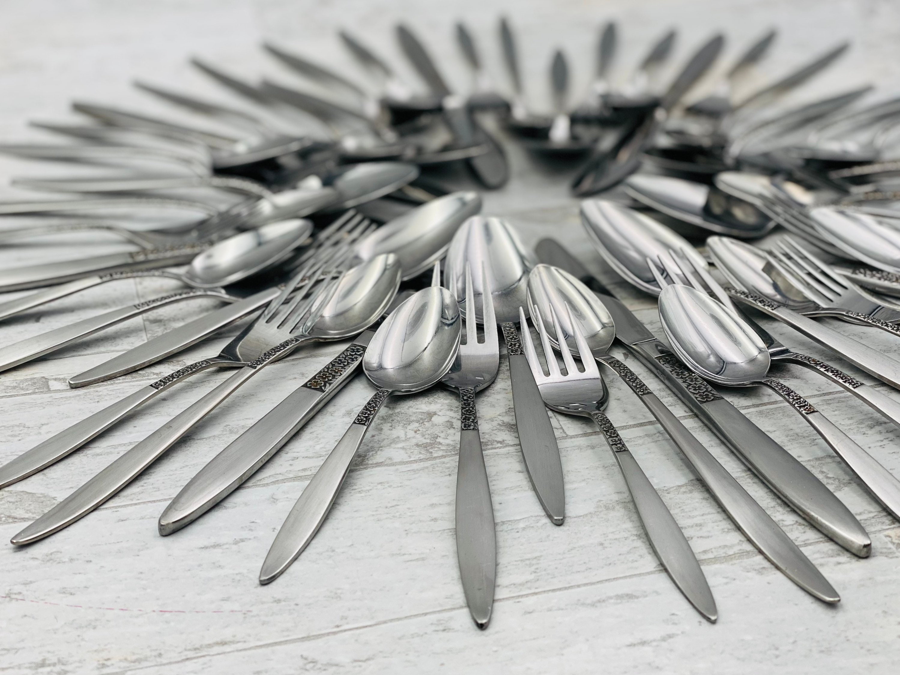 Vintage Stainless Flatware set by Riviera Daisy Floral handle MCM ...