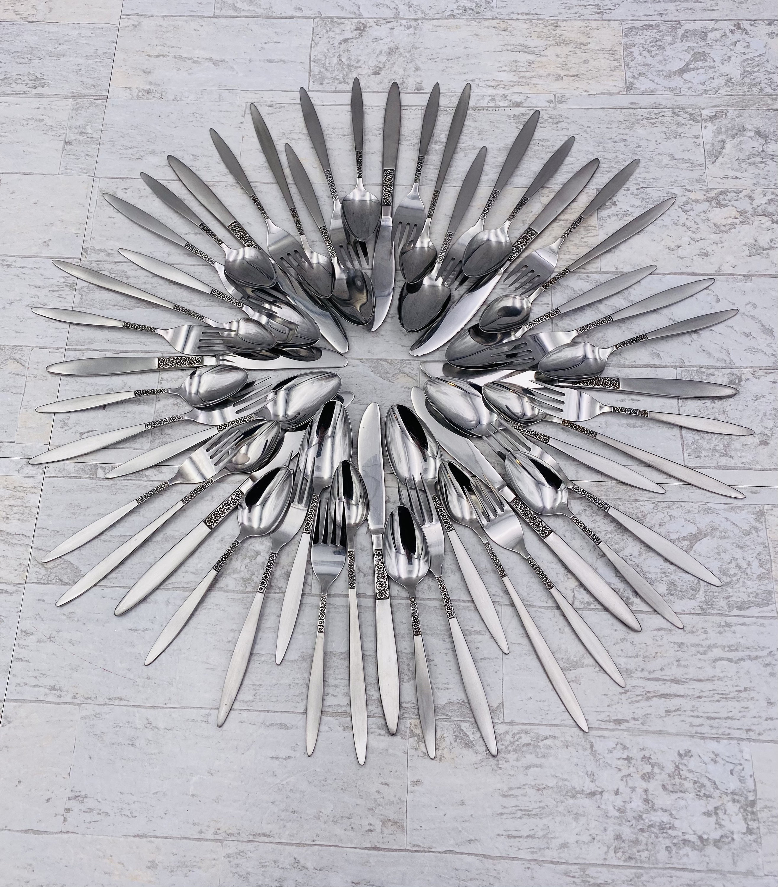 Vintage Stainless Flatware set by Riviera Daisy Floral handle MCM ...