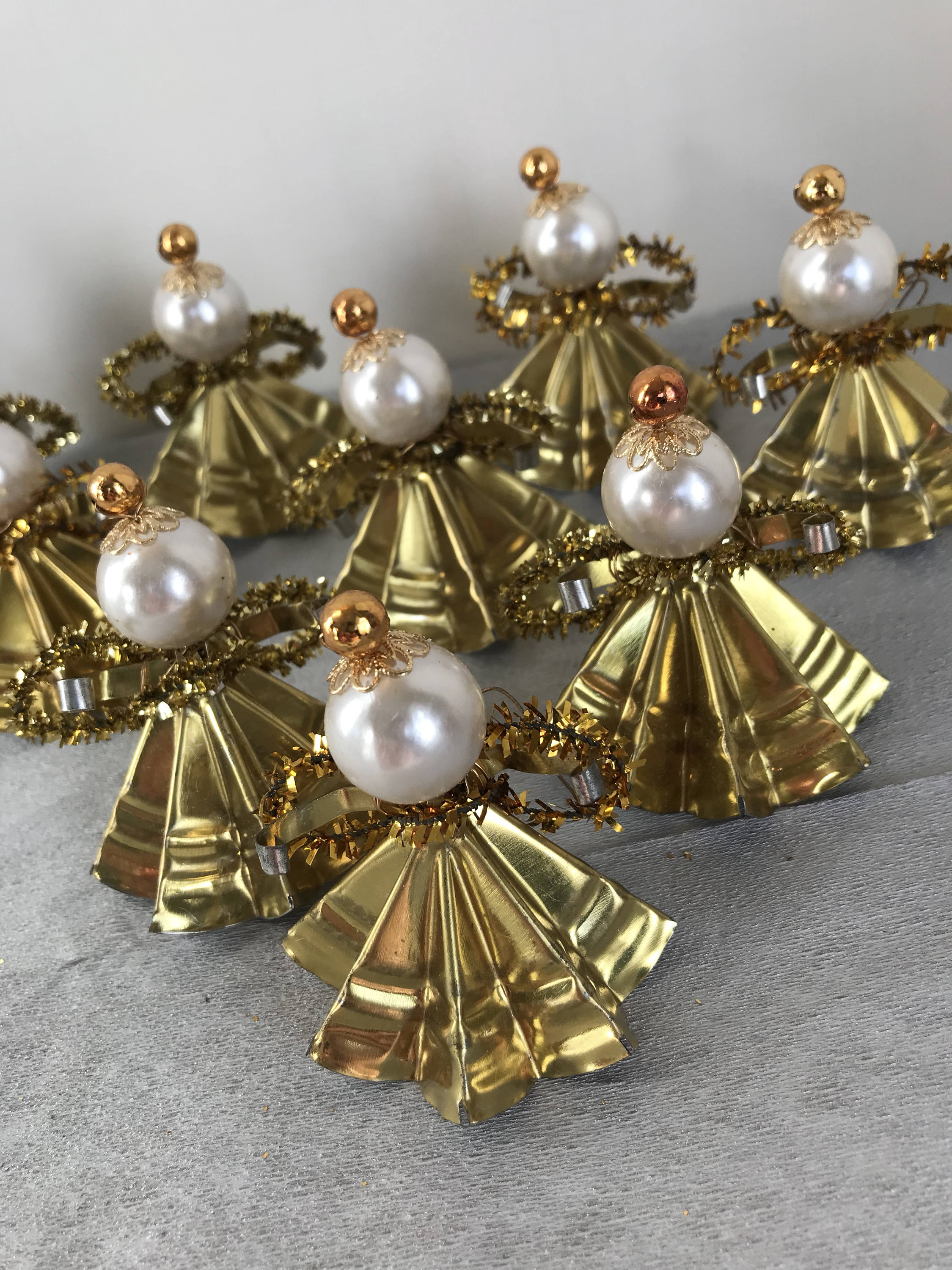 Vintage Handmade Angel Ornaments, Tin tinsel and bead Angels, Choir of ...