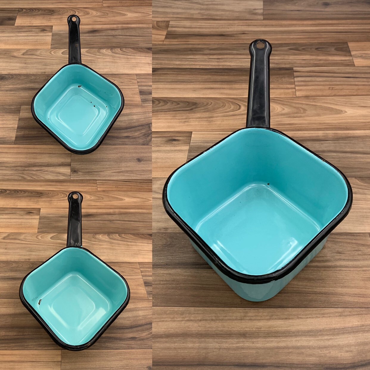 Vintage Square Enamelware sauce pan set, Aqua enamelware rustic ...