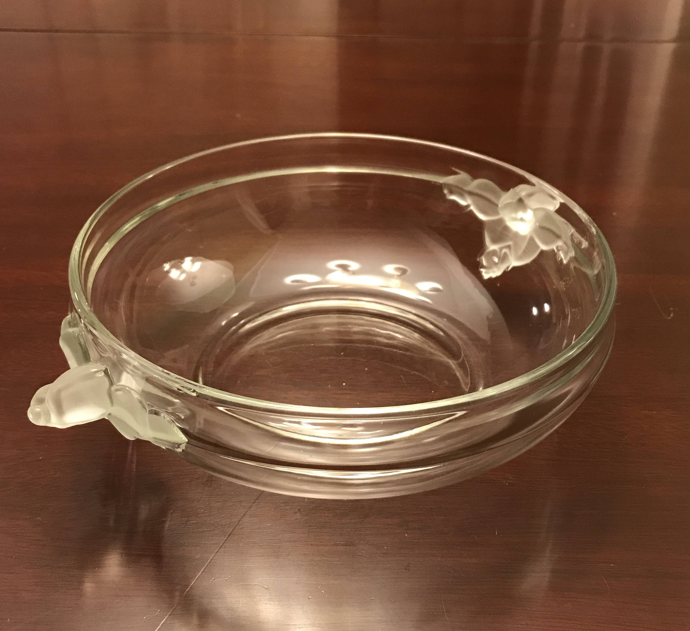 Mikasa Satin Rose Crystal Serving Bowl Frosted Rose Bud Handles Glass Floral Patternrose Bud