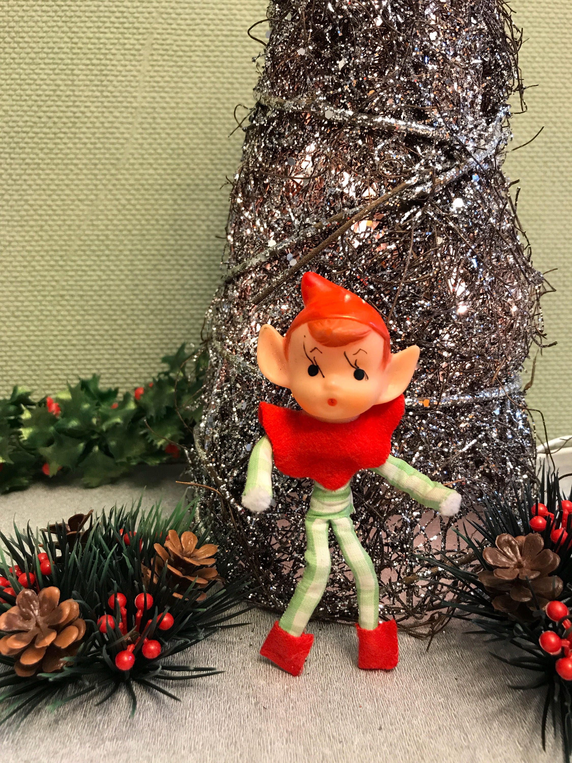 Vintage Pixie Elf, Green Gingham Christmas Elf Ornament, posable Pixie ...
