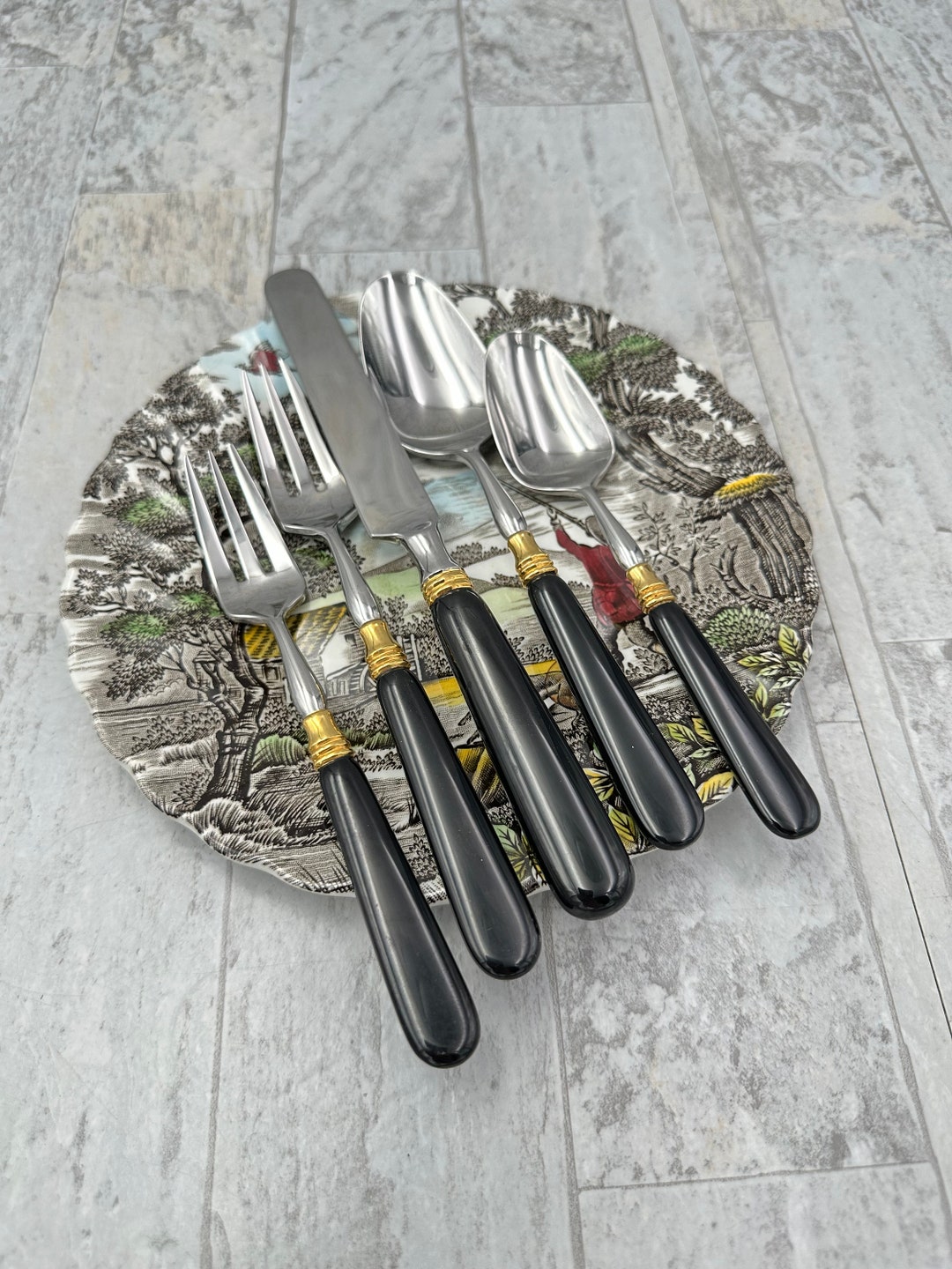 Vintage Yamazaki Flatware Set: Old Denmark Black Handle Service for 12 ...
