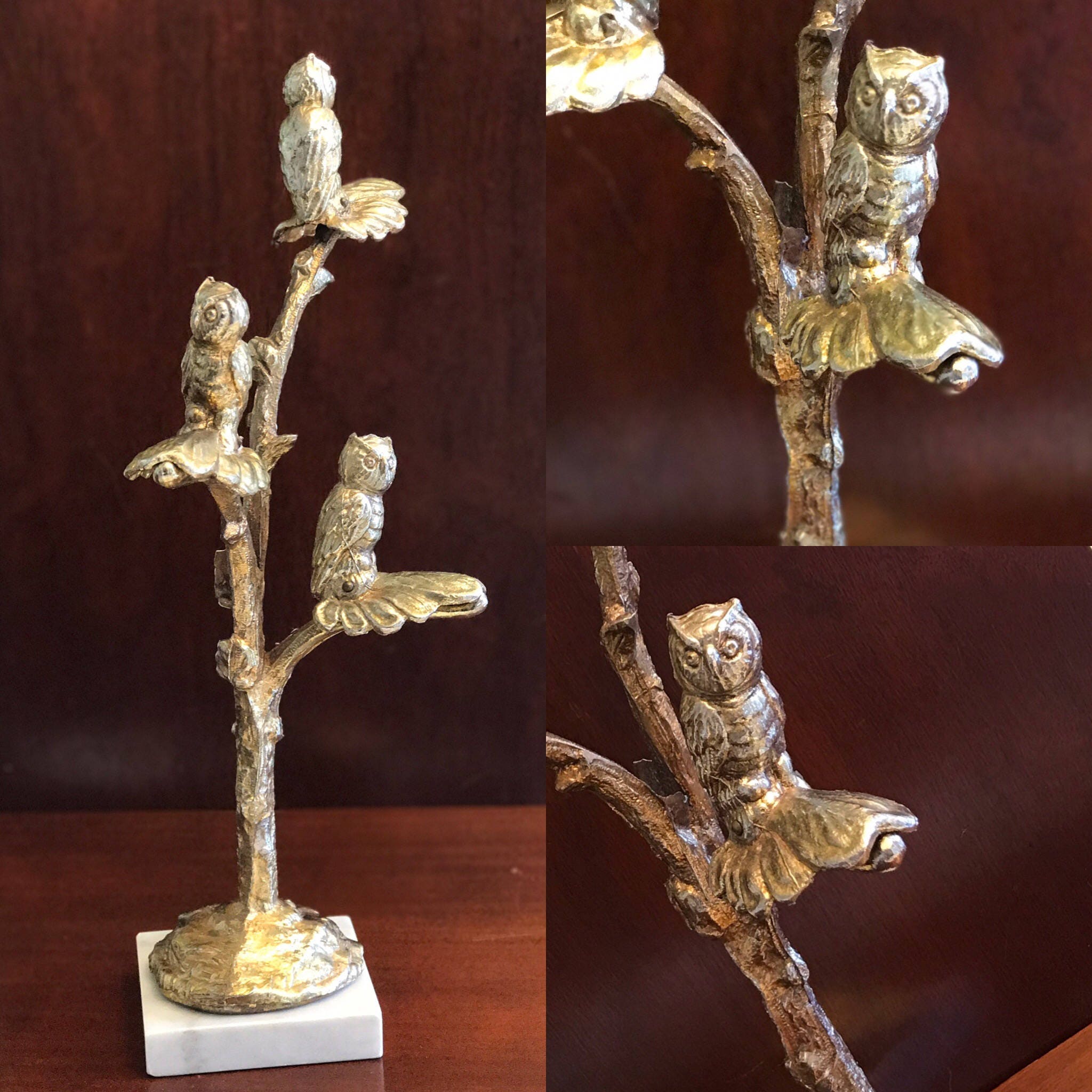 Vintage Owl Tree, Italian Marble Base, Gold tone metal, Metal Display ...