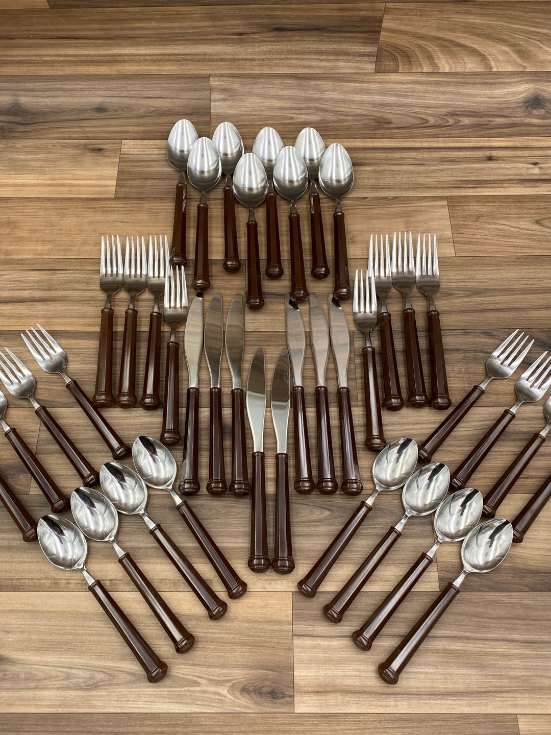 Vintage Flatware Set Oxford Hall Fashion Wear Brown Plastic Handles ...