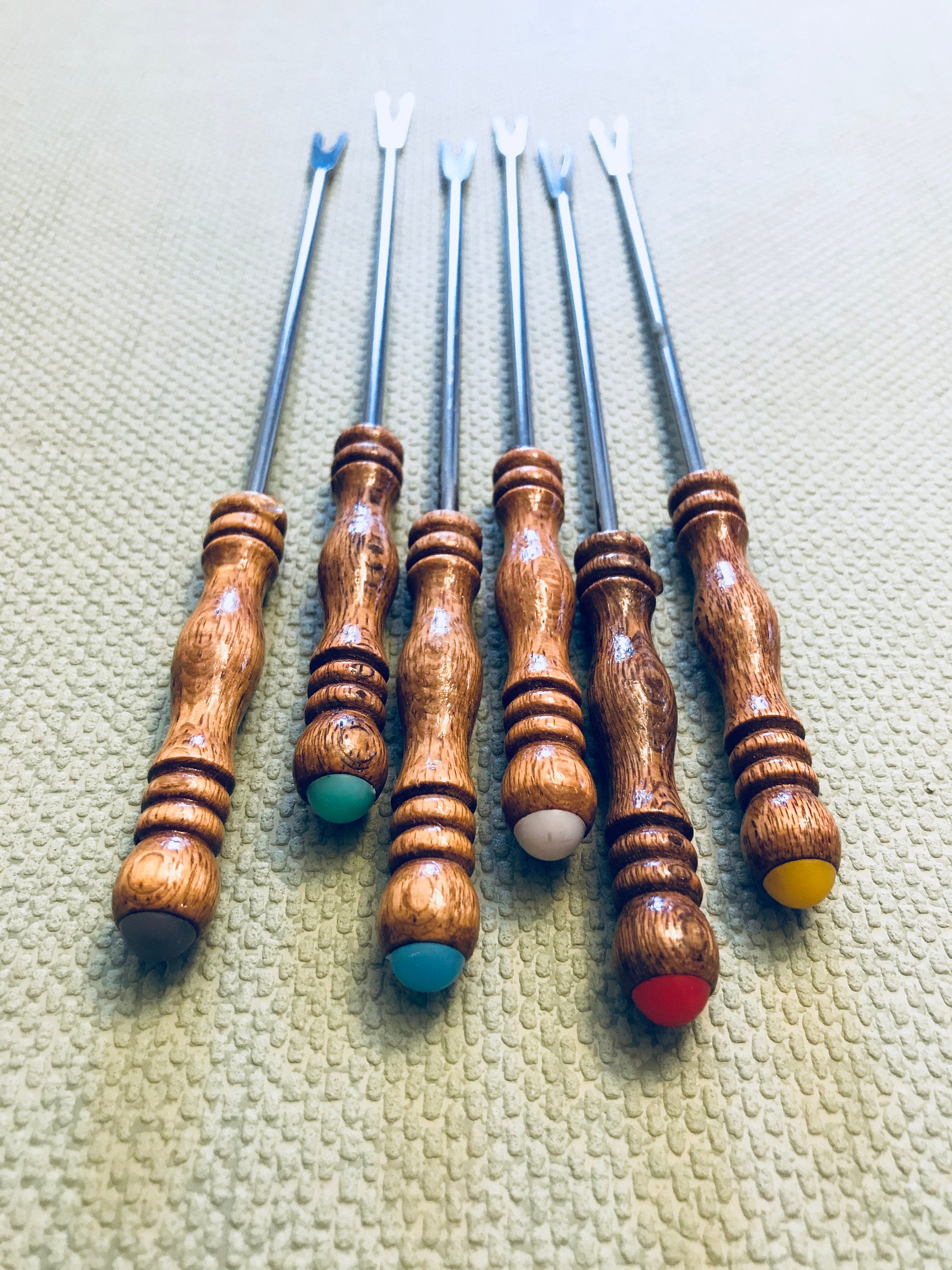 Vintage Fondue Forks, Turmed Wood Handles, stainless steel with Color ...