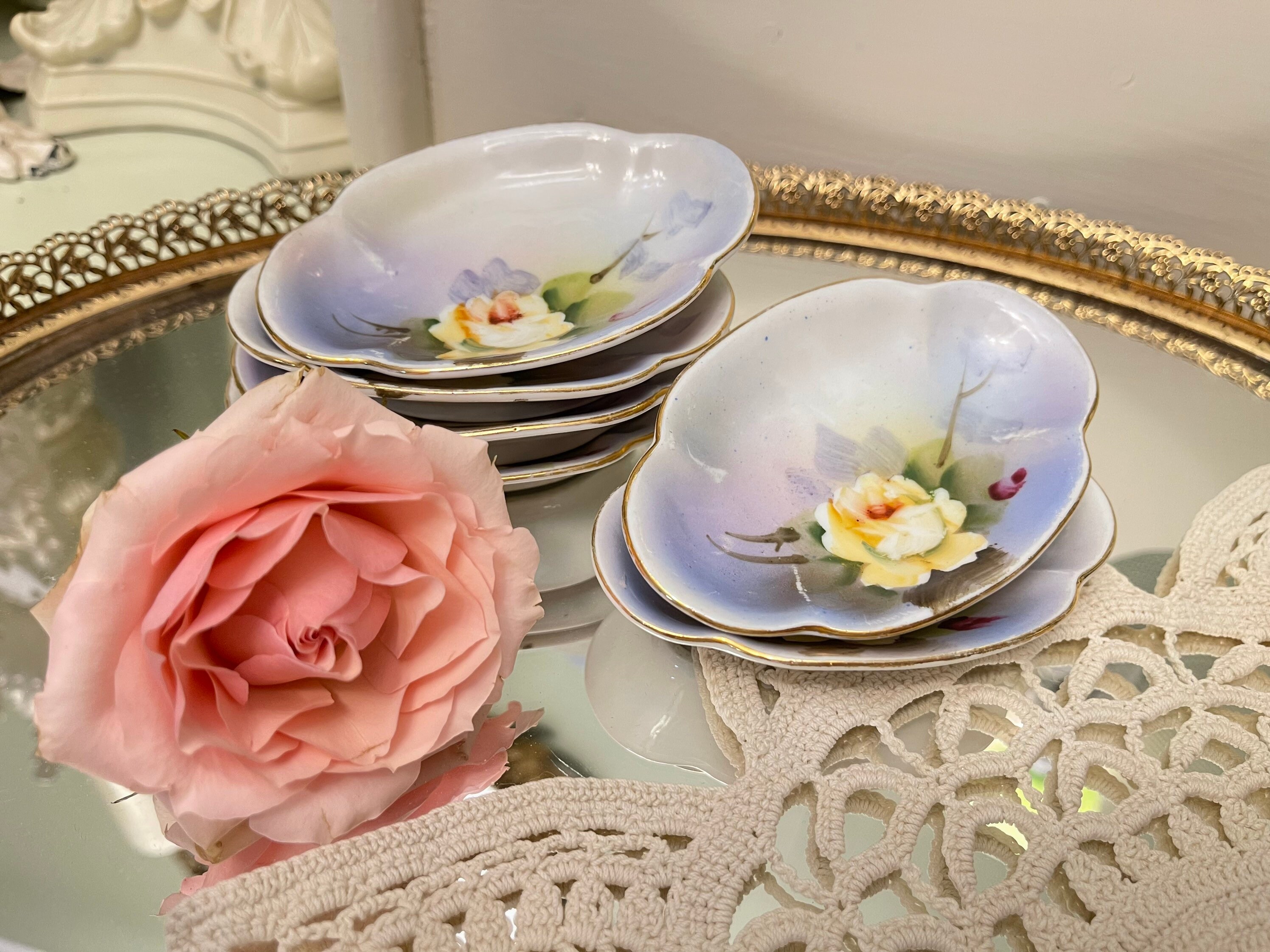 Handpainted Butter Pats, Butter chips salt dips, Roses on porcelain and ...