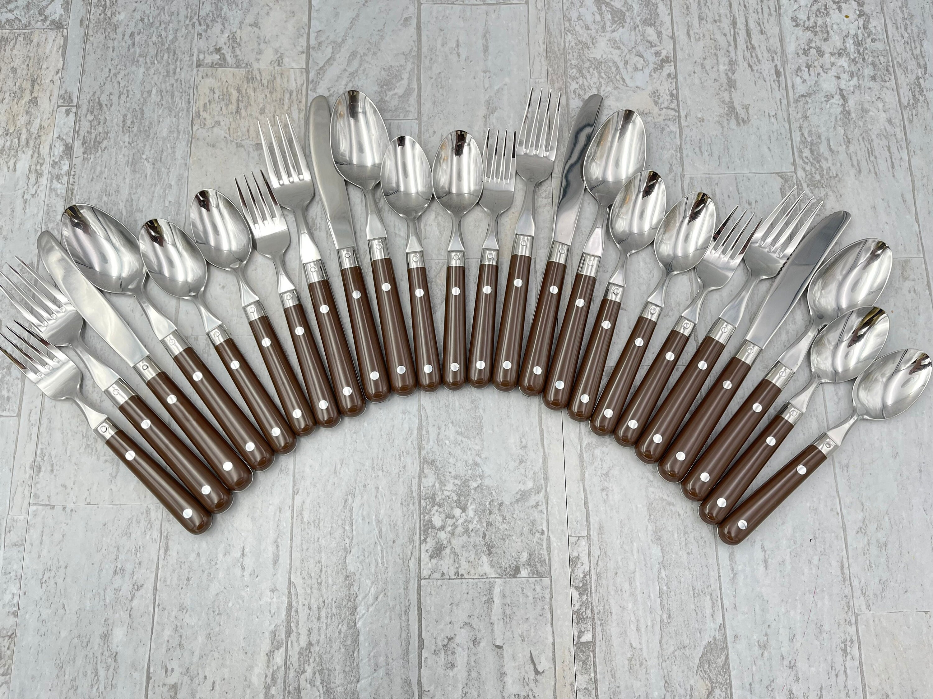 Vintage Flatware set with riveted Brown Plastic Handles, Rustic Cabin ...