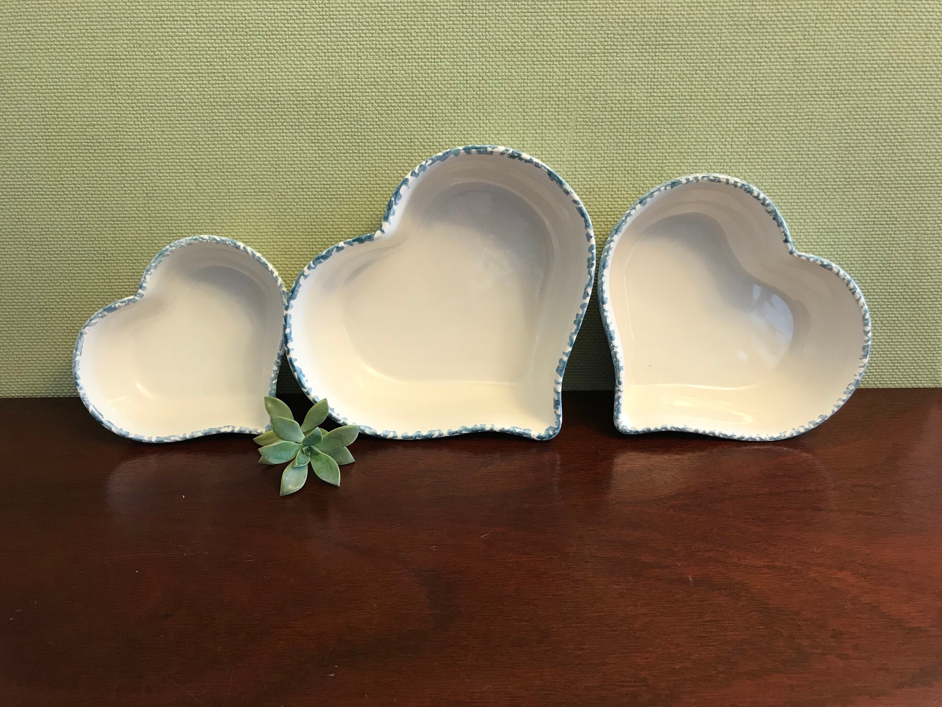 Heart shaped ceramic bowls, blue spongeware bowl set, nesting bowls ...