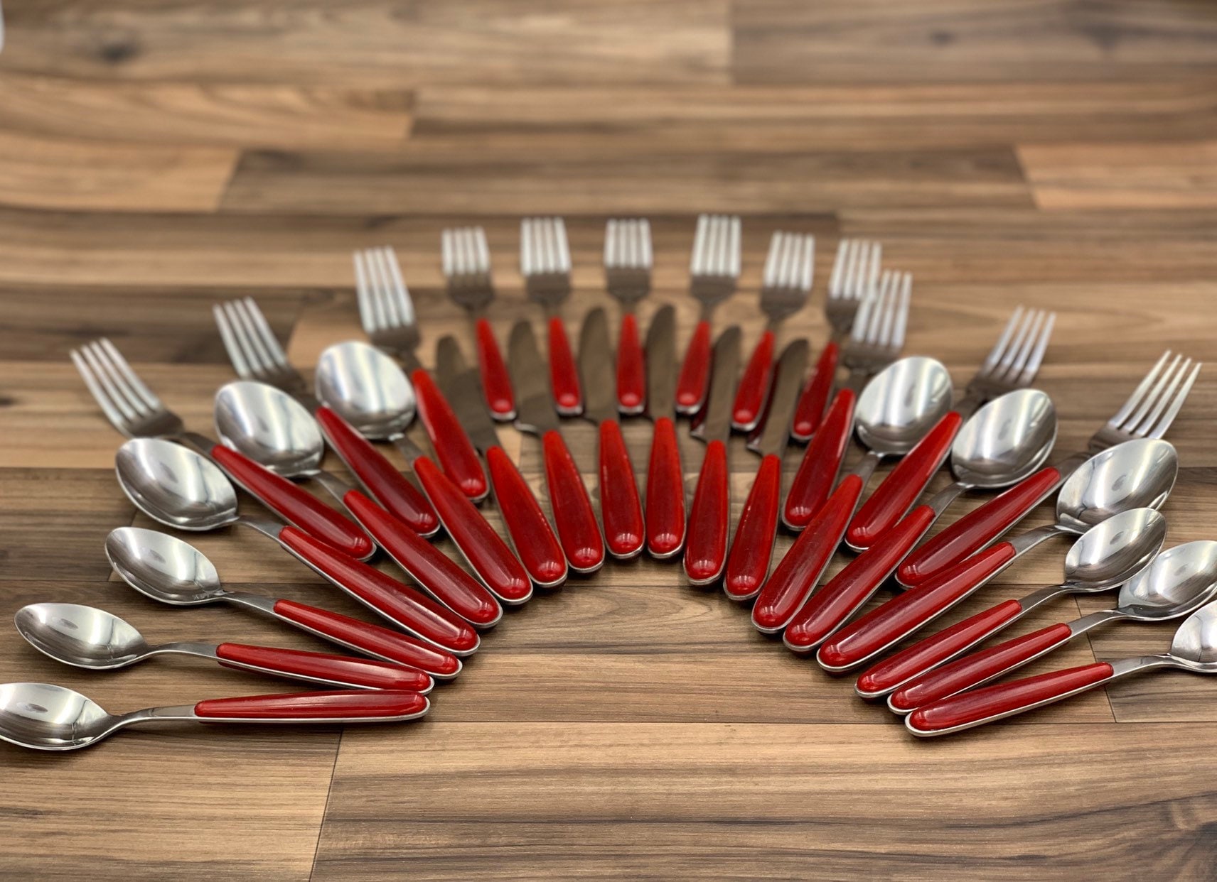 Vintage Flatware set Stainless Steel and Dark Red Plastic Handles ...