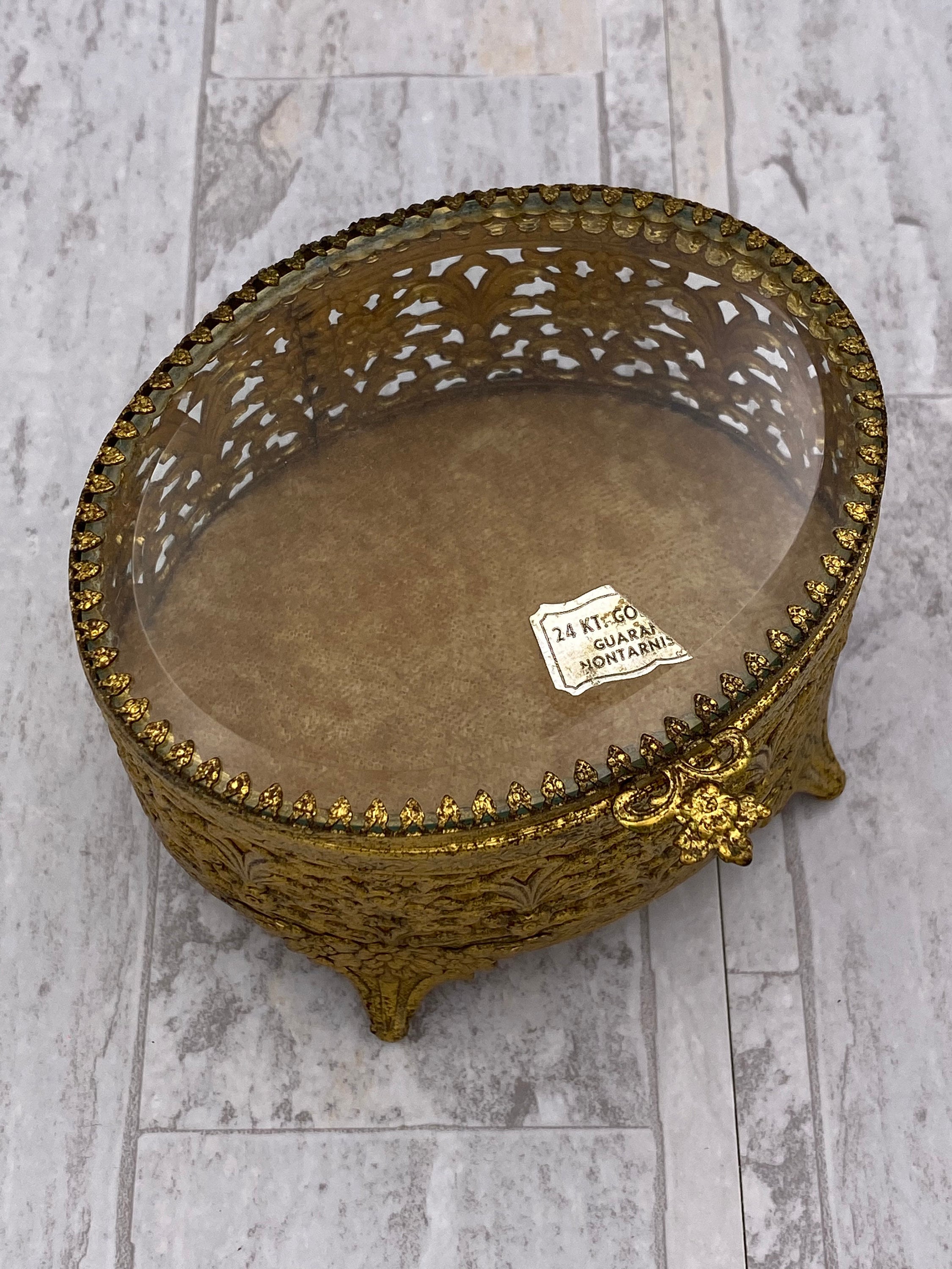 Vintage Jewelry Box, Gold Plated filigree Trinket Box, Glass Lid ...