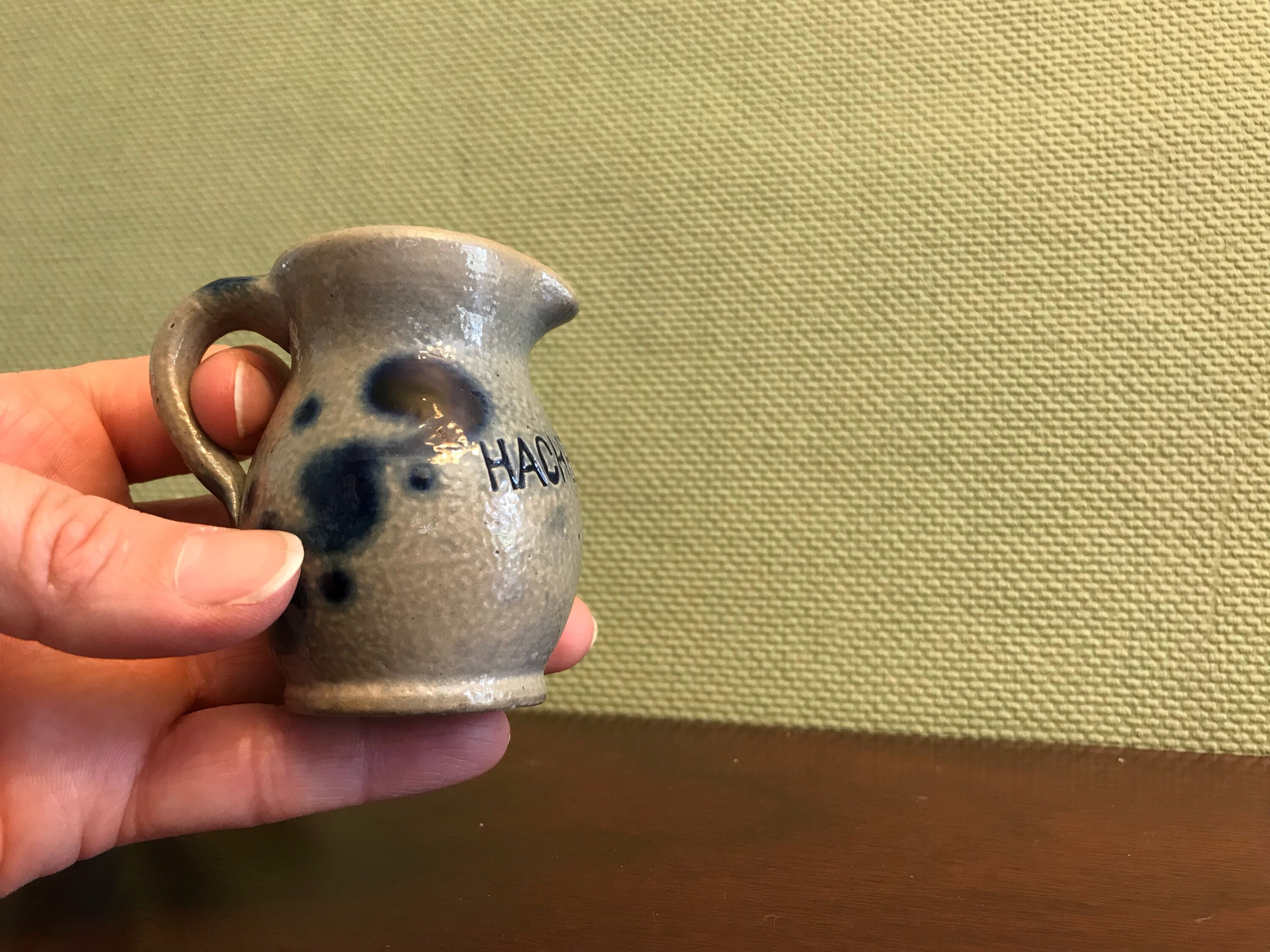 Miniature Ceramic Blue Pitcher Hachenburg Germany, Blue salt glaze Folk ...