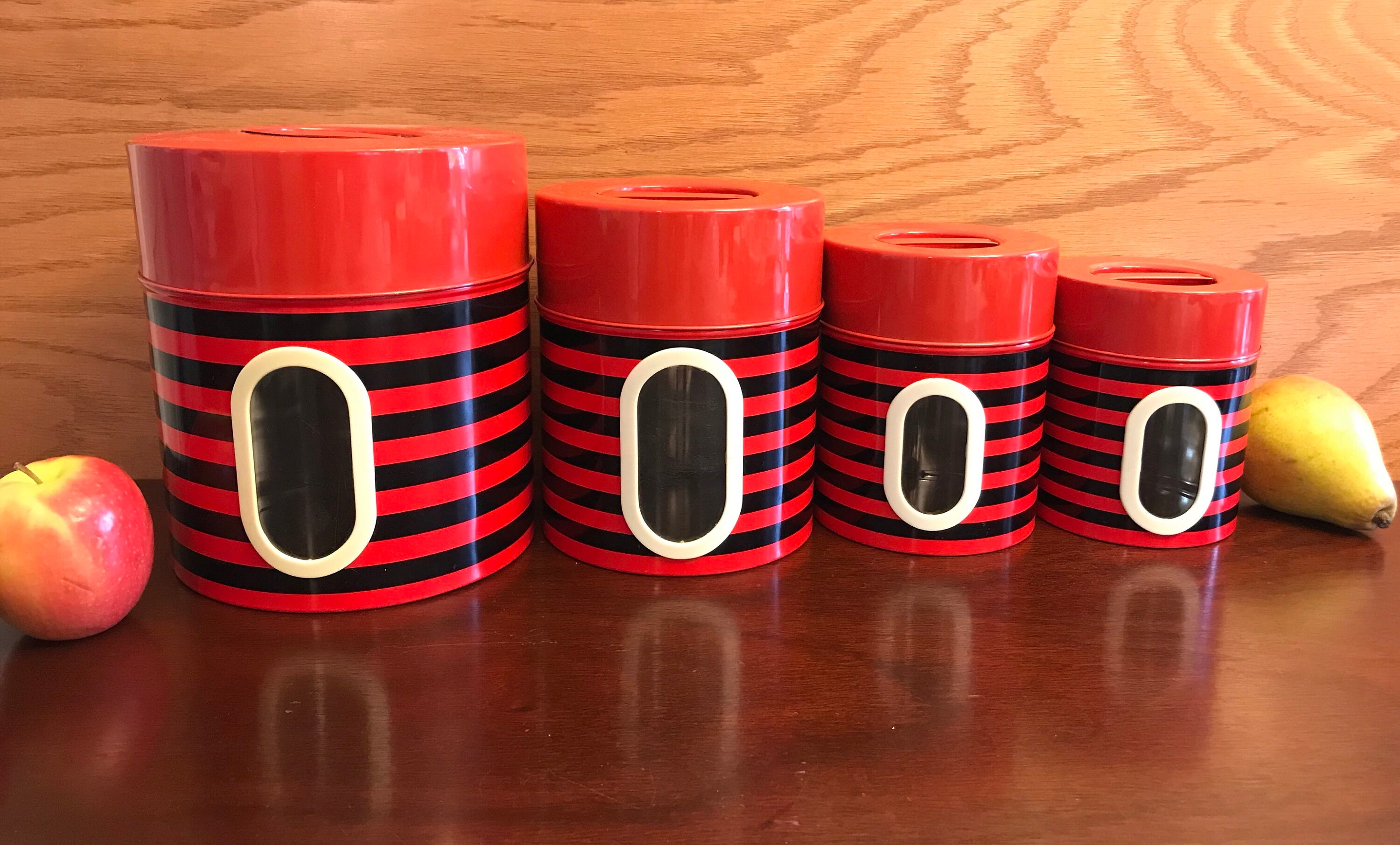 Vintage Red Black Stripe Canister set, Nesting Tin canisters, Kitschy ...