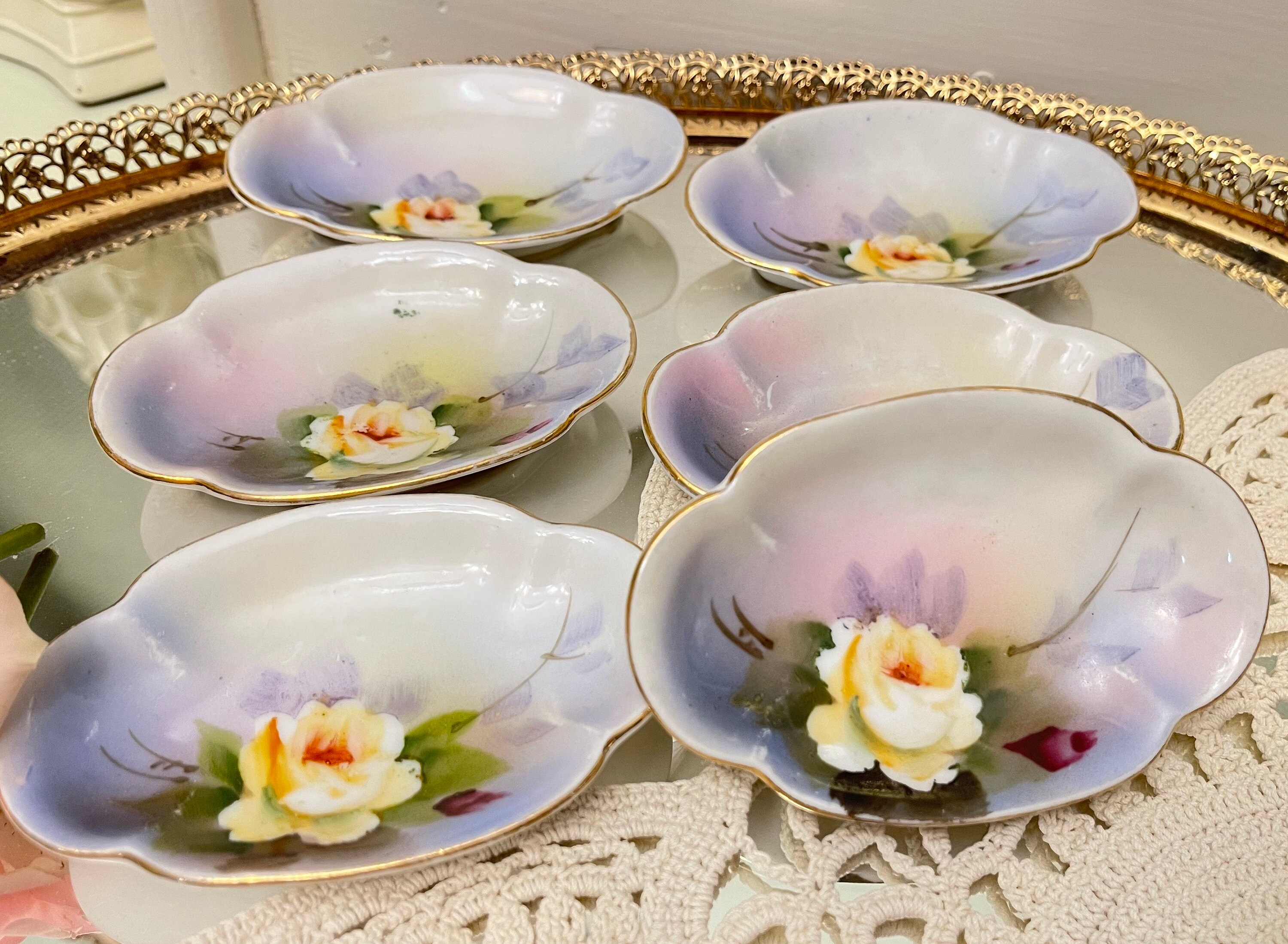 Handpainted Butter Pats, Butter chips salt dips, Roses on porcelain and ...