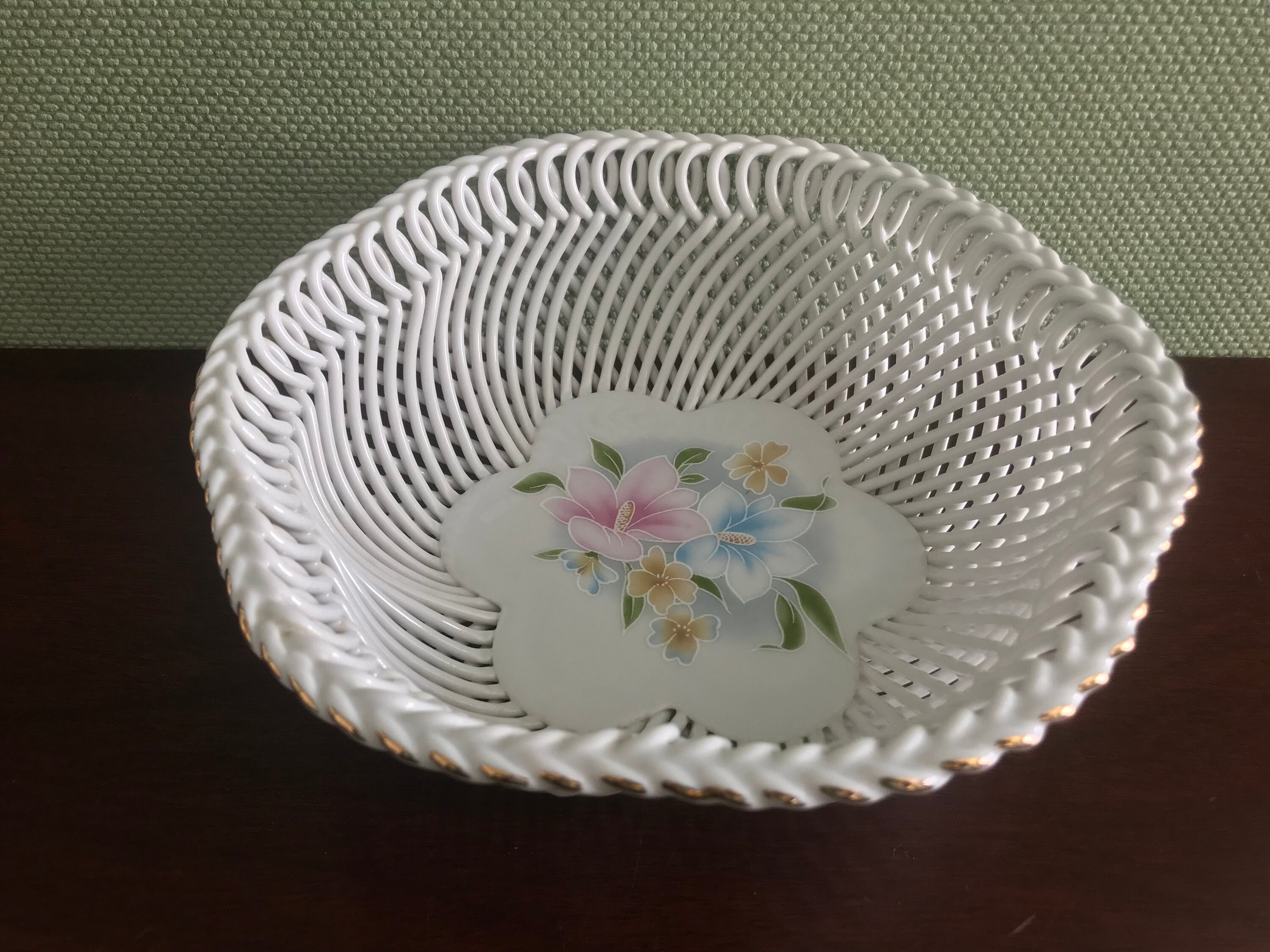 Vintage Woven Porcelain Bowl, Floral Decal, Reticulated bowl, Octoganal ...